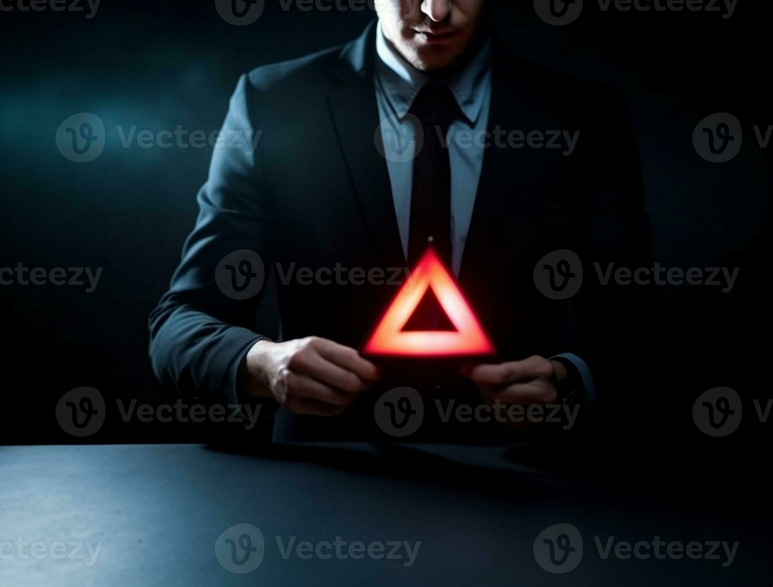Businessman or employee with warning triangle sign for war. AI ... Businessman or employee with warning triangle sign for war. AI ...