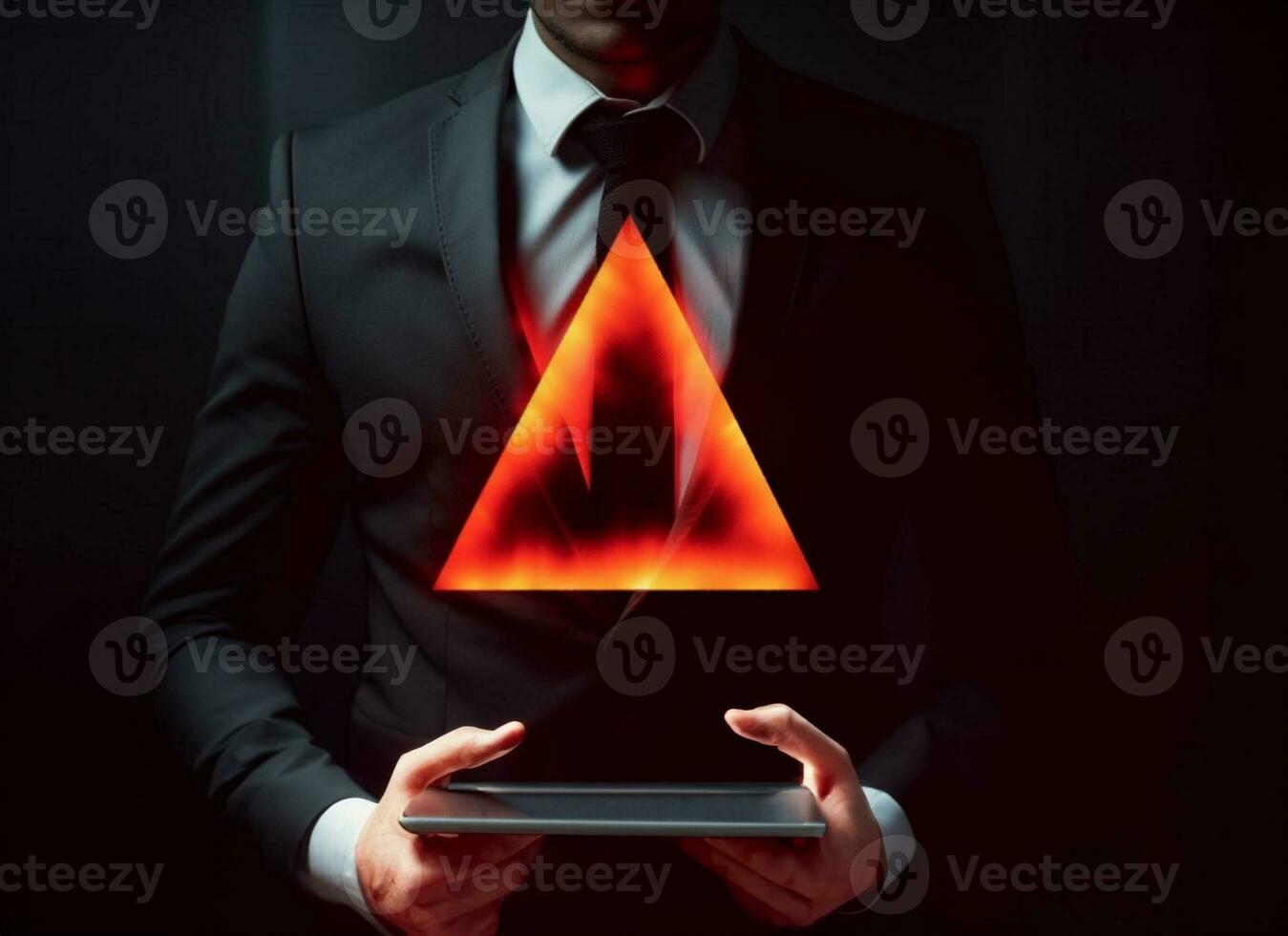 Businessman or employee with warning triangle sign for war. AI ... Businessman or employee with warning triangle sign for war. AI ...