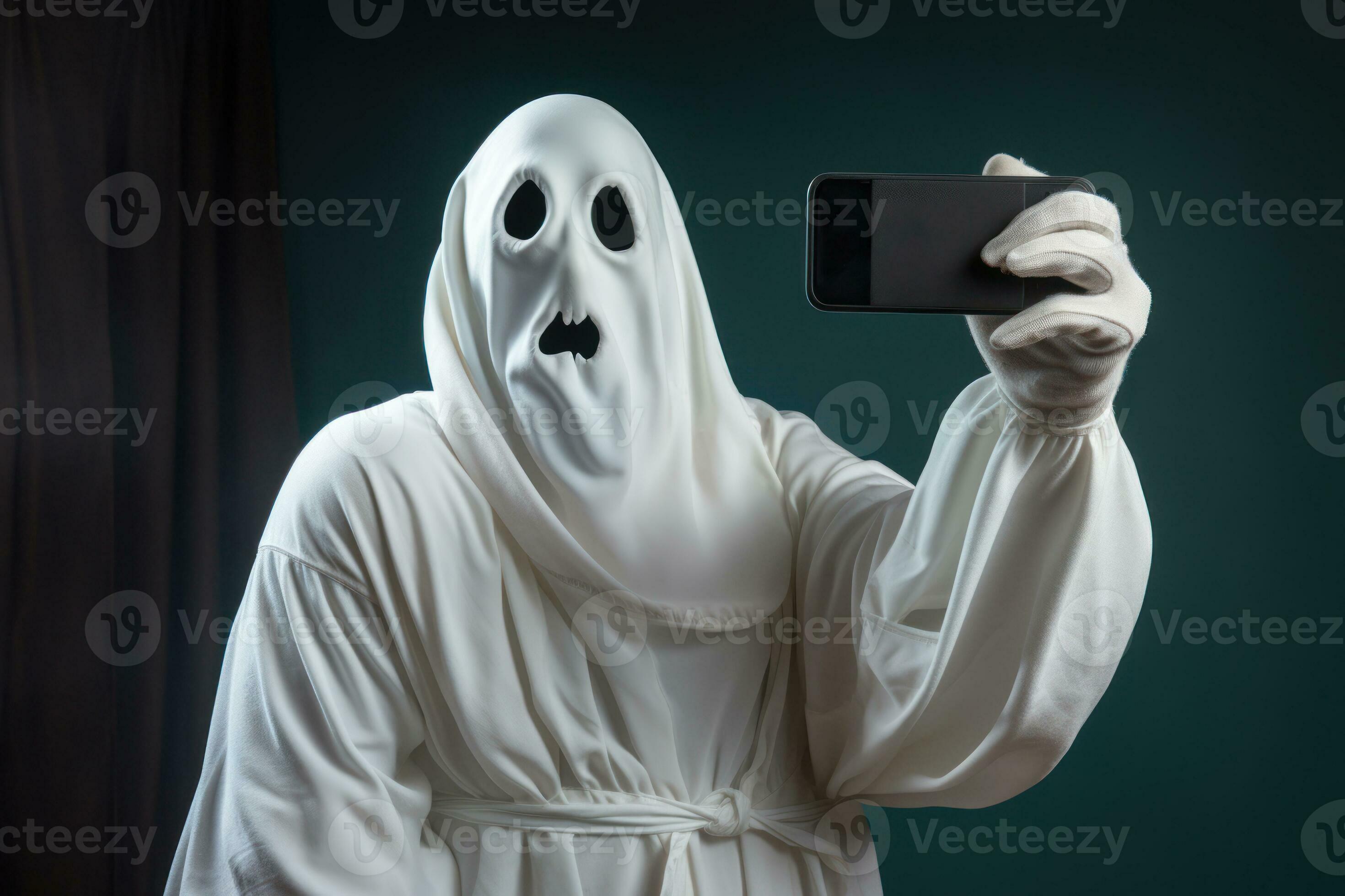 A comical ghost taking a selfie with a humorous expression, combining ...