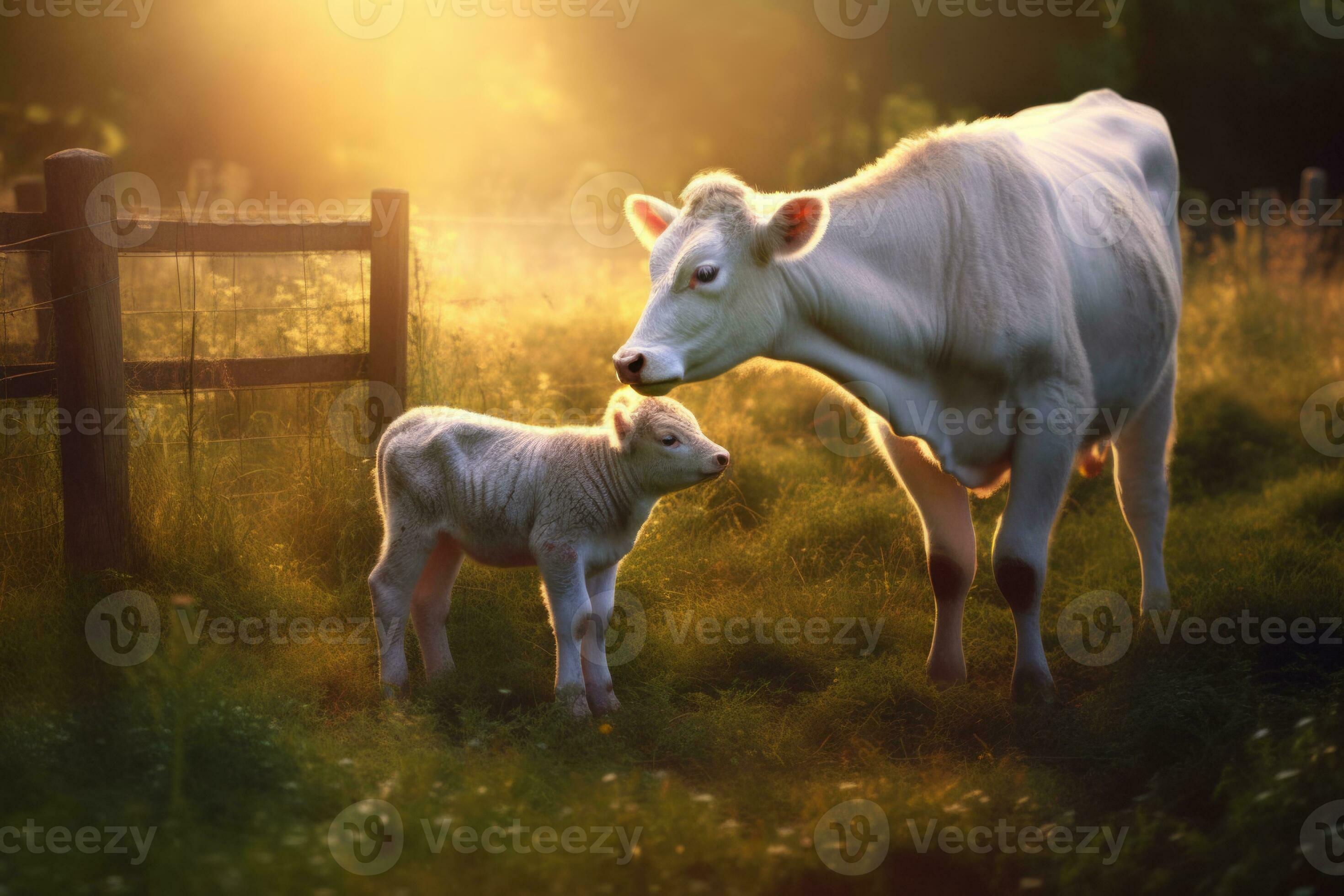 A heartwarming image of a mother cow nuzzling her calf in a serene farm ...