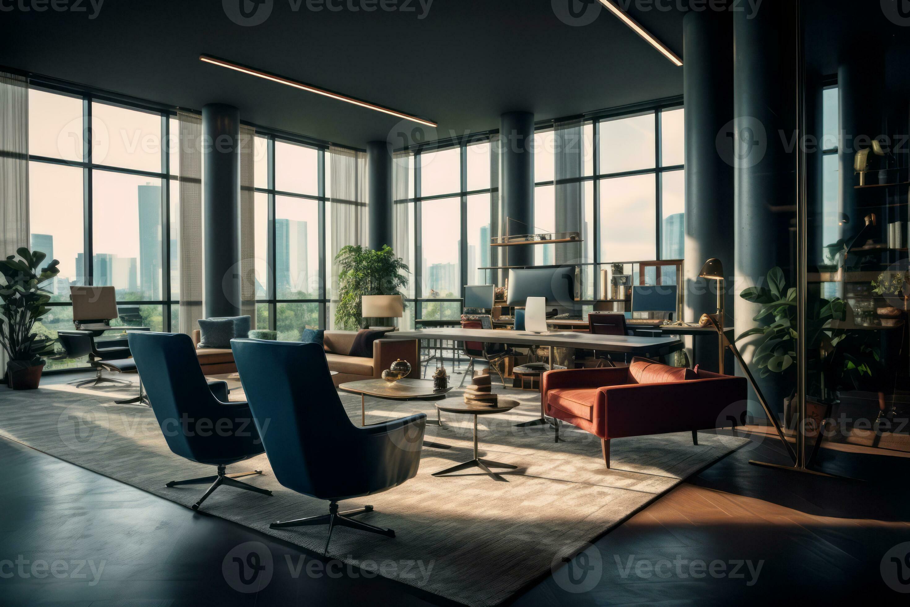 A sleek and contemporary image showcasing a well-designed office space ...