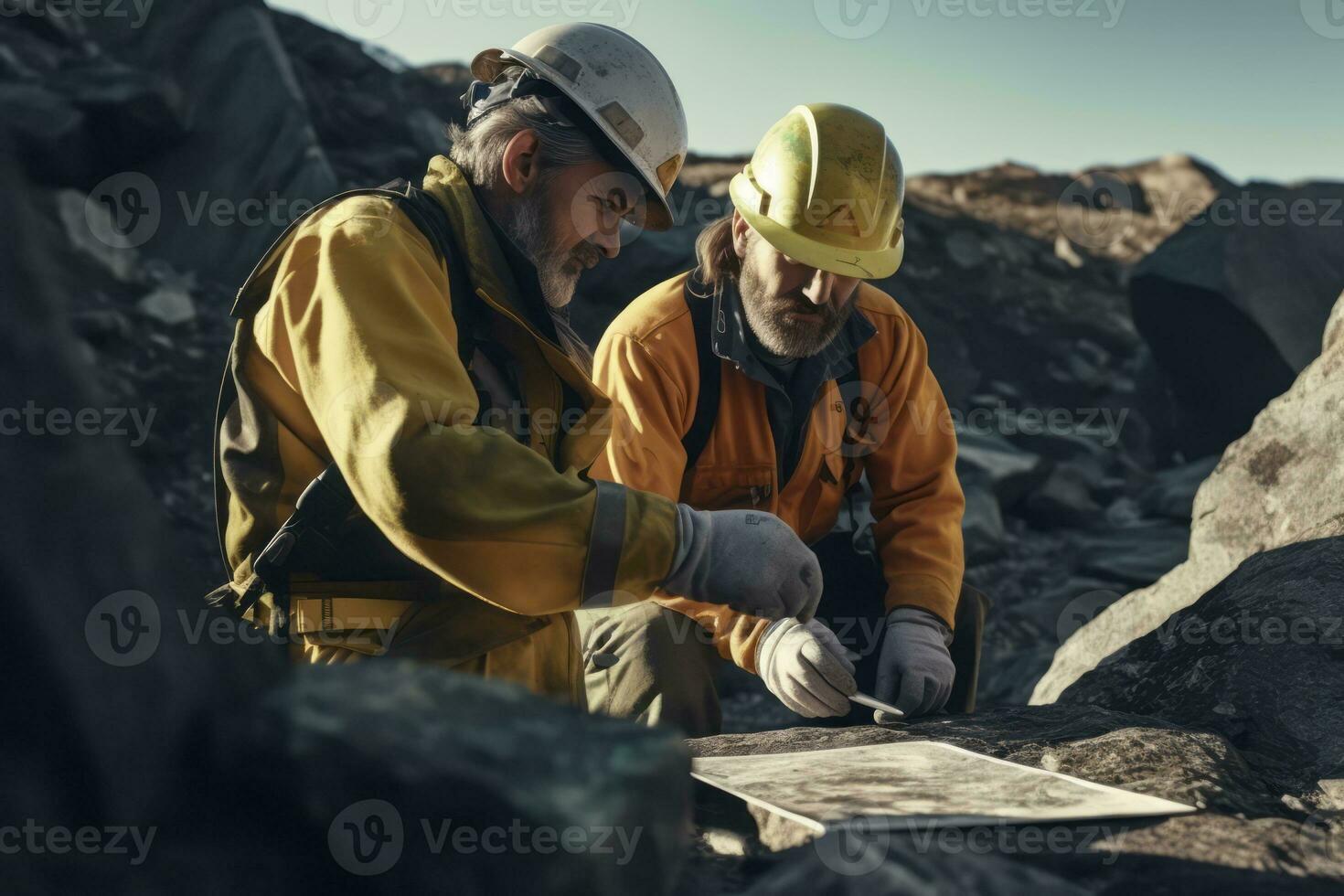 Geologists examining rock samples or using specialized equipment to analyze the geological ...
