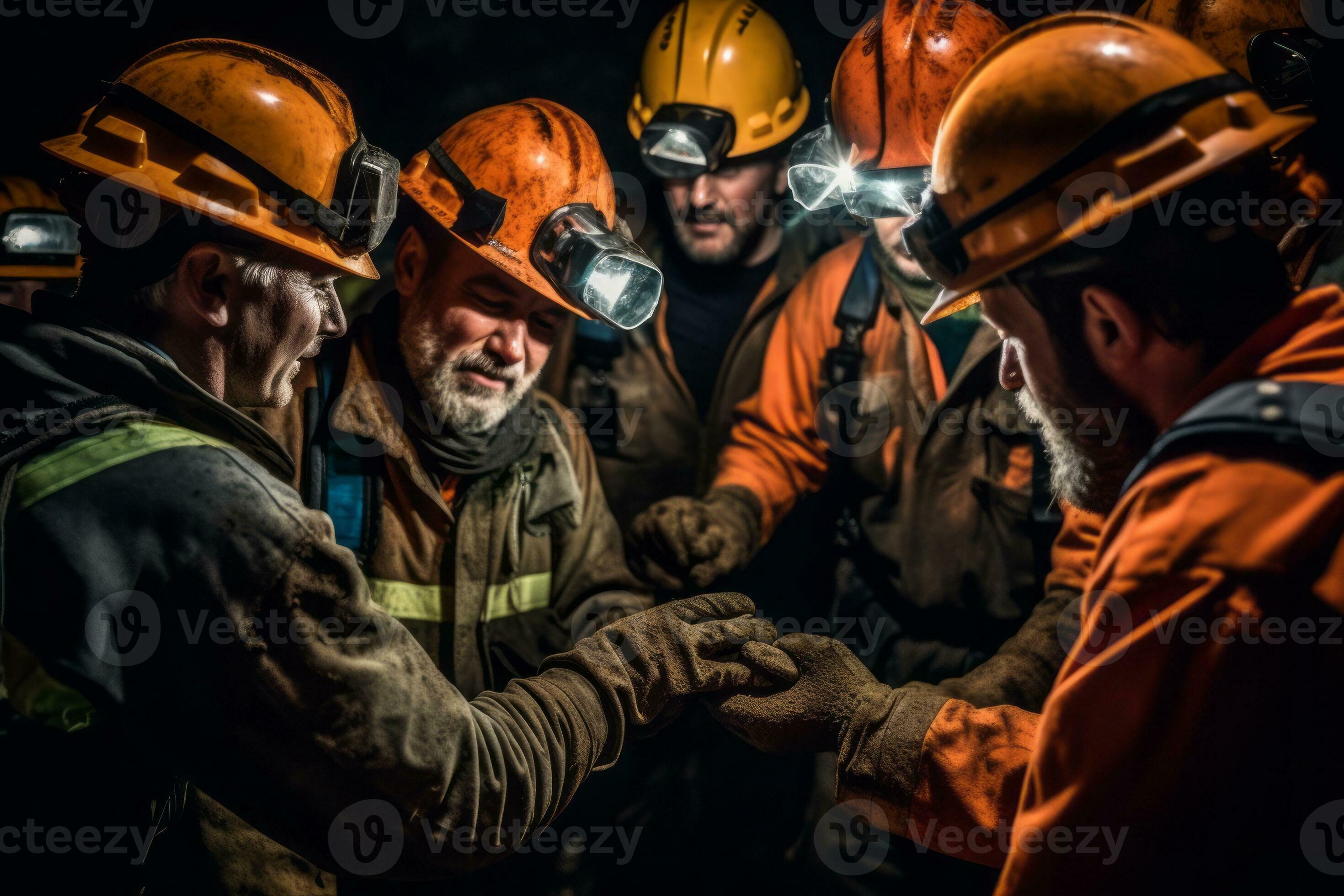 A group of miners collaborating and working together in a dark underground tunnel, representing ...