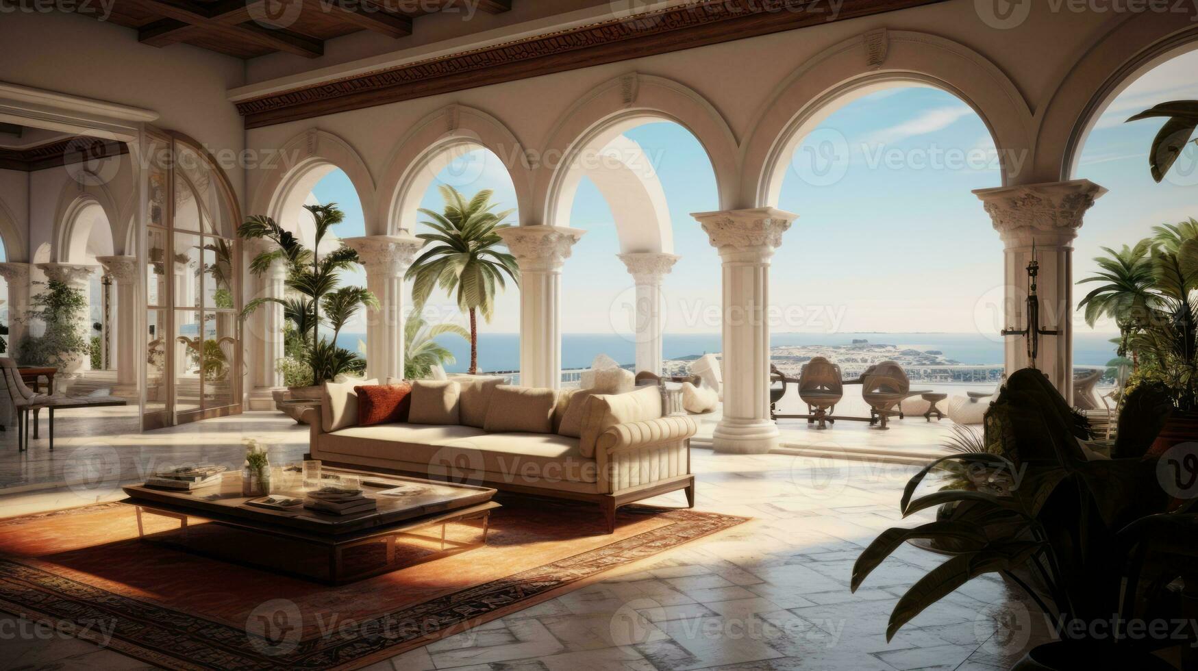 Spacious living room in a luxury Spanish-style villa, adorned with stylish furniture, intricate ...