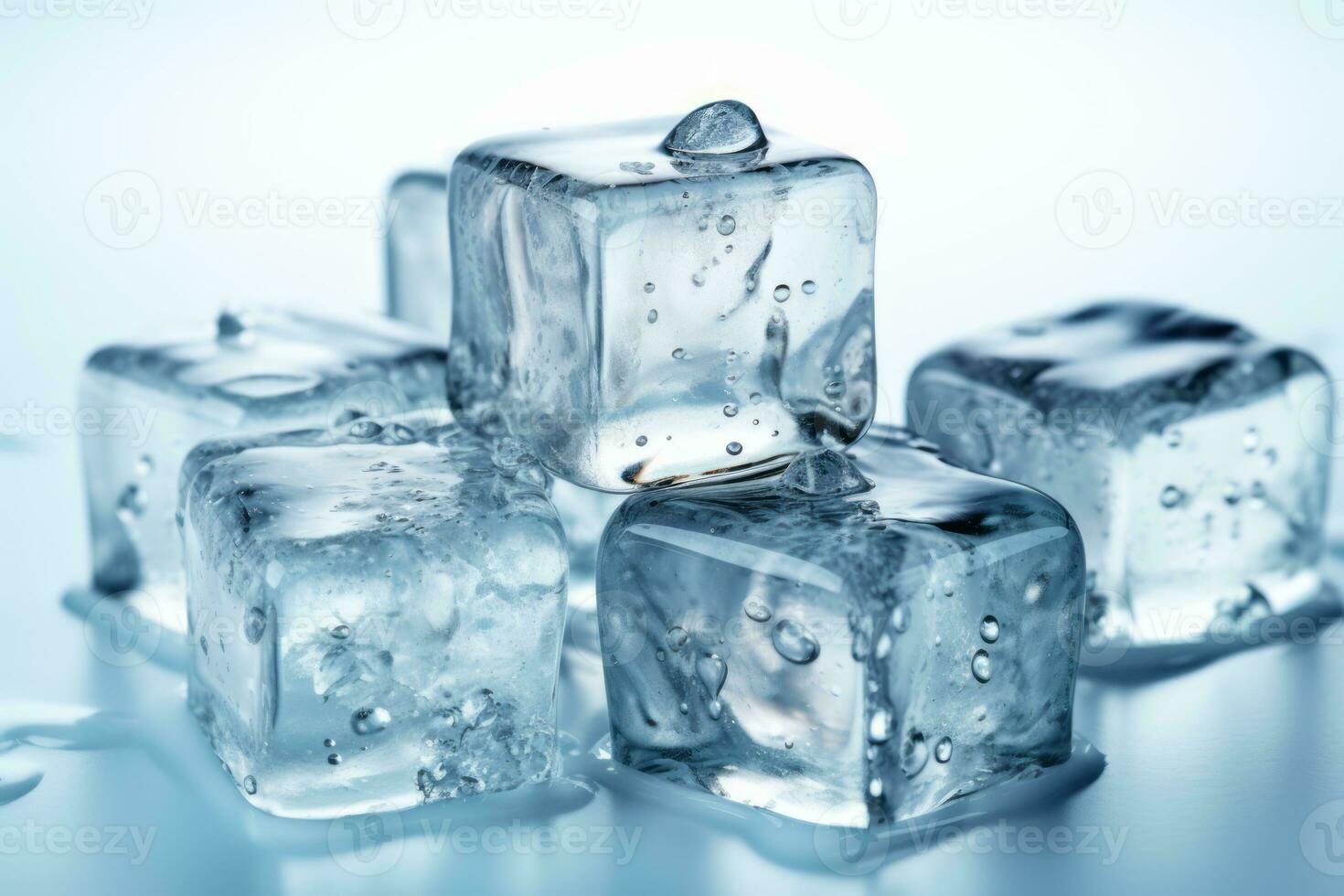 3D rendered transparent ice cubes with water droplets, highlighting the beauty and clarity of ...