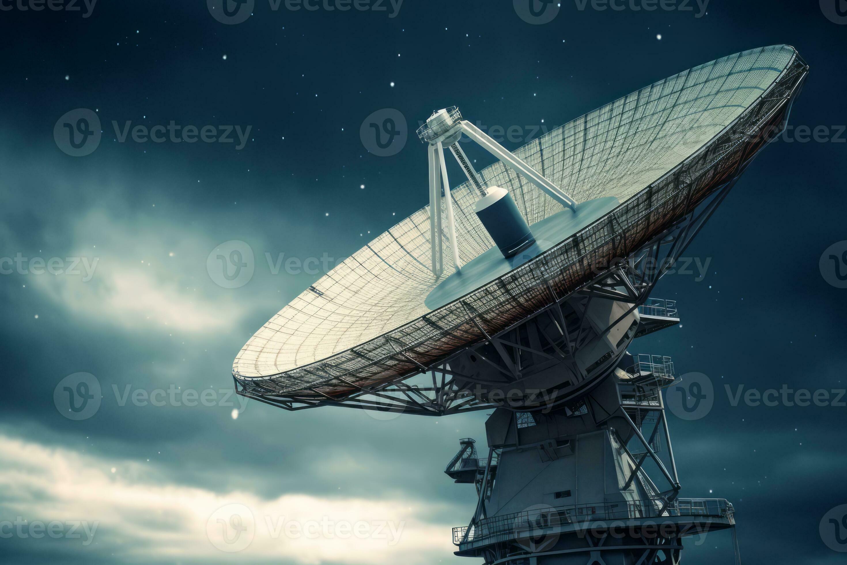 A close-up shot of a satellite dish receiving or transmitting signals ...
