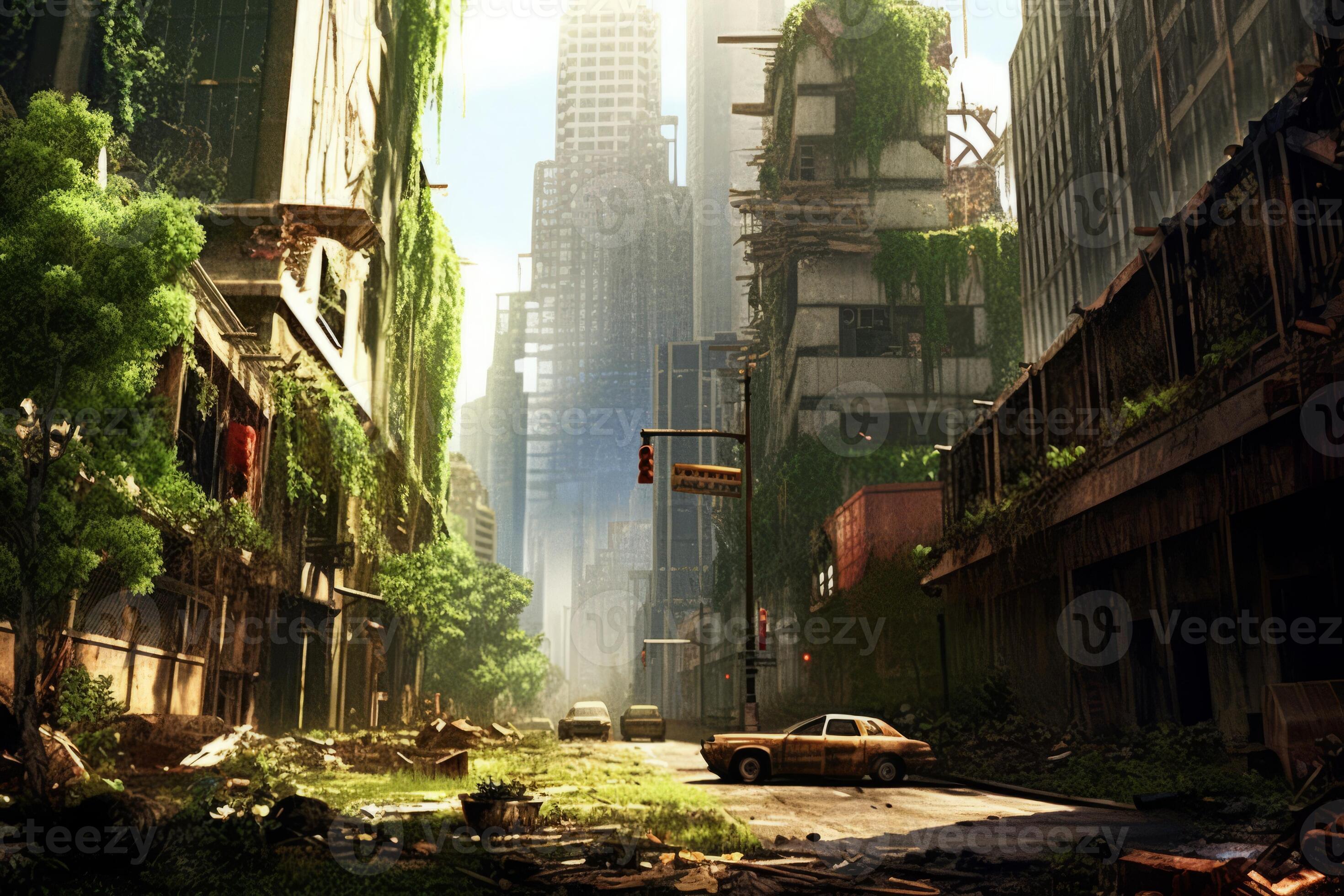 An image depicting a deserted city with overgrown vegetation and abandoned buildings, capturing ...