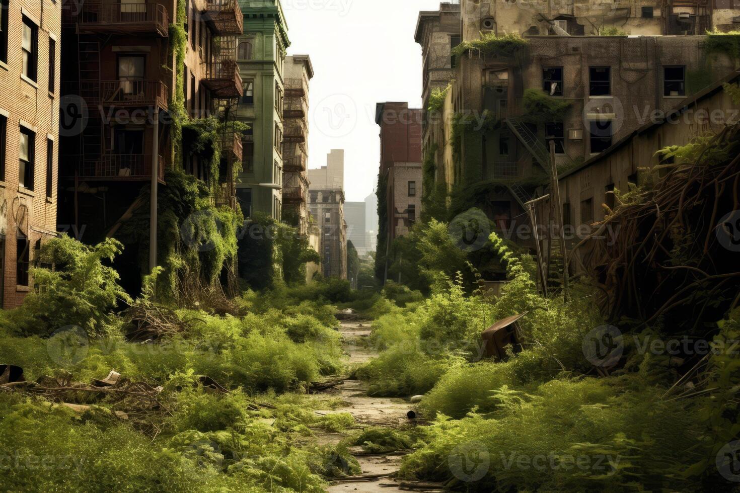 An image depicting a deserted city with overgrown vegetation and abandoned buildings, capturing ...