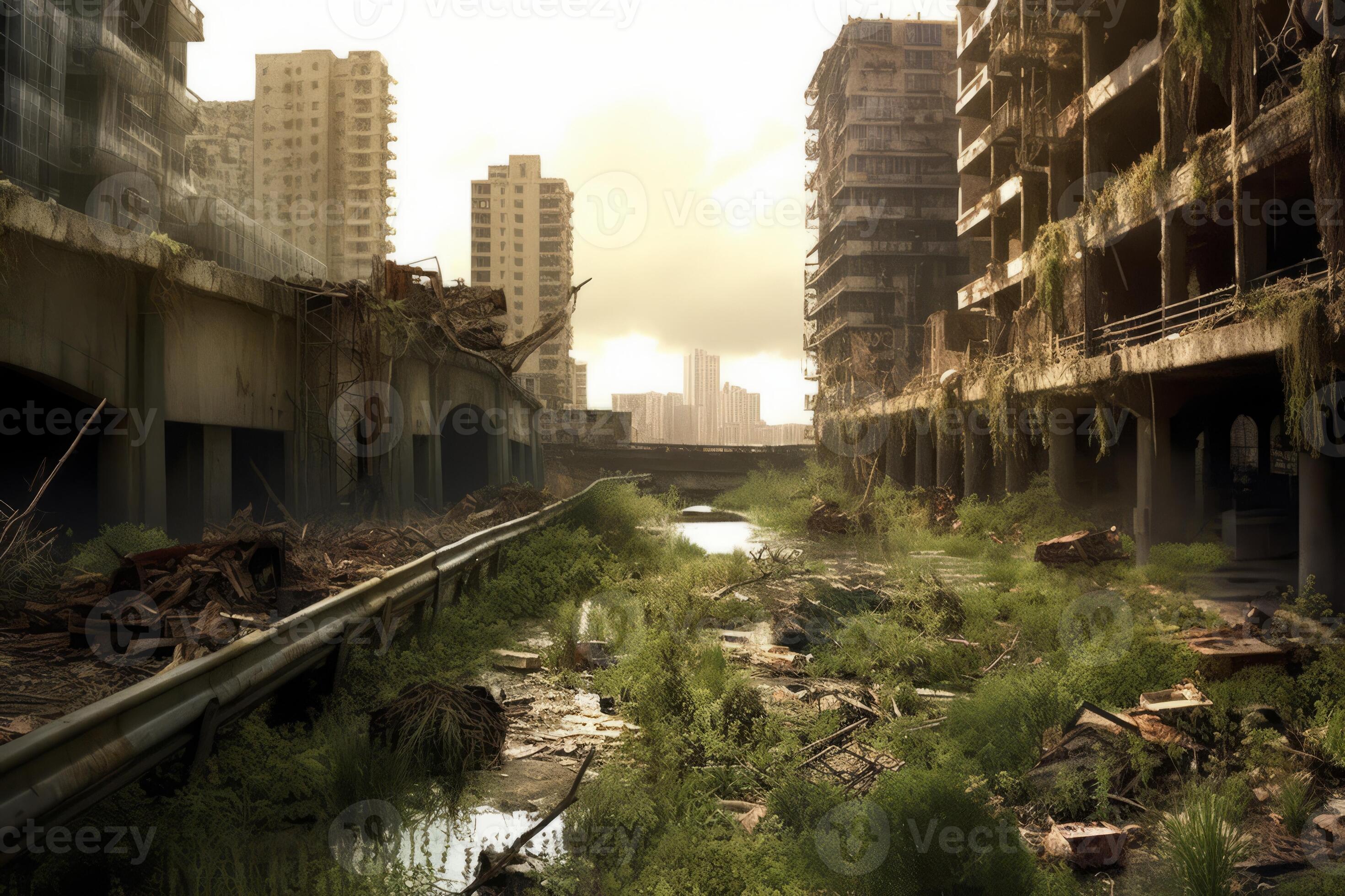 An image depicting a deserted city with overgrown vegetation and ... An image depicting a deserted city with overgrown vegetation and ...