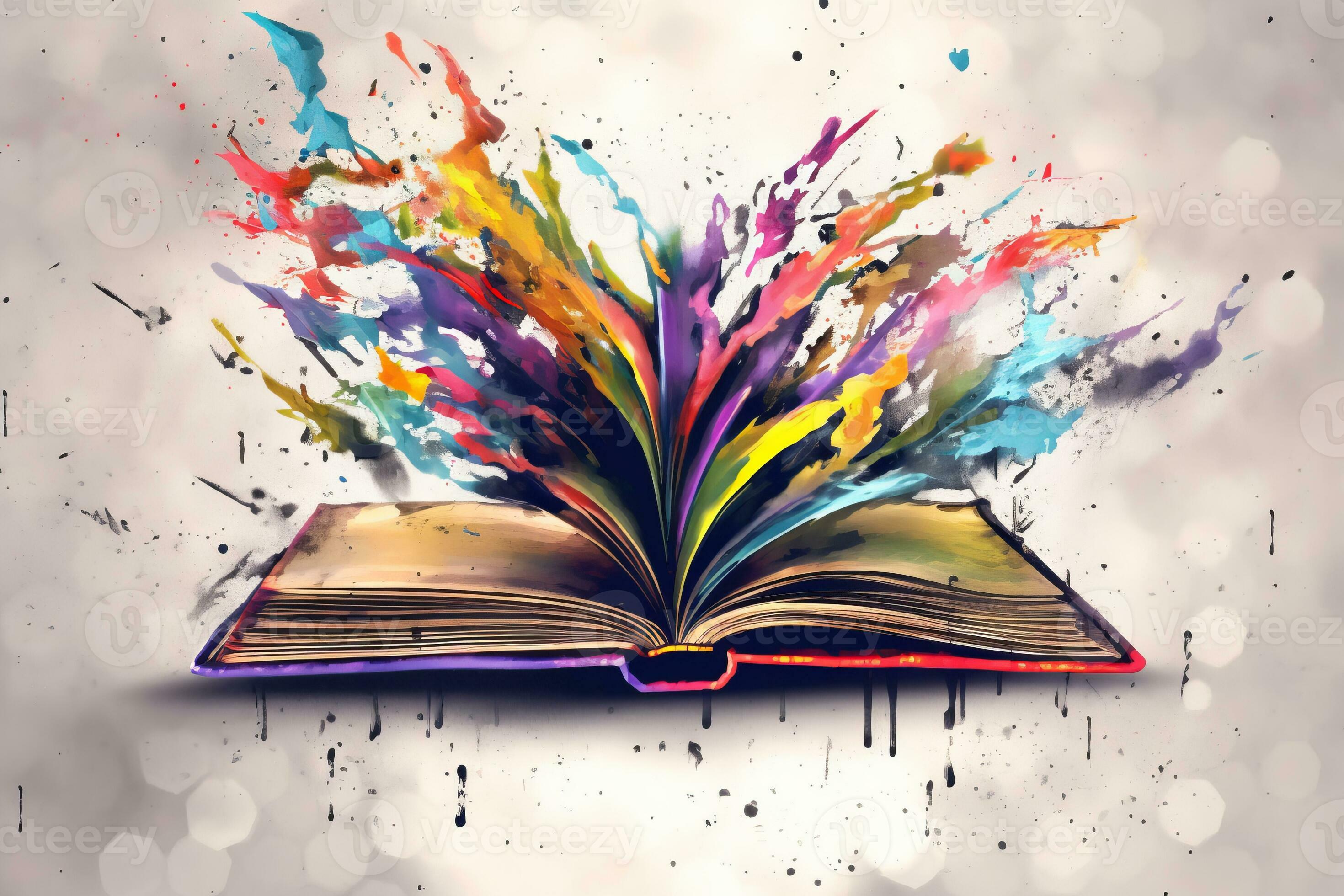 A open book floating with colorful paint splatters and brushstrokes ...