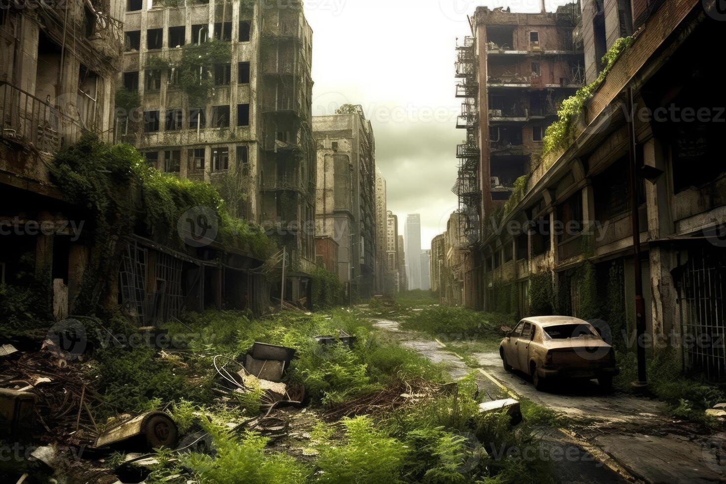An image depicting a deserted city with overgrown vegetation and abandoned buildings, capturing ...