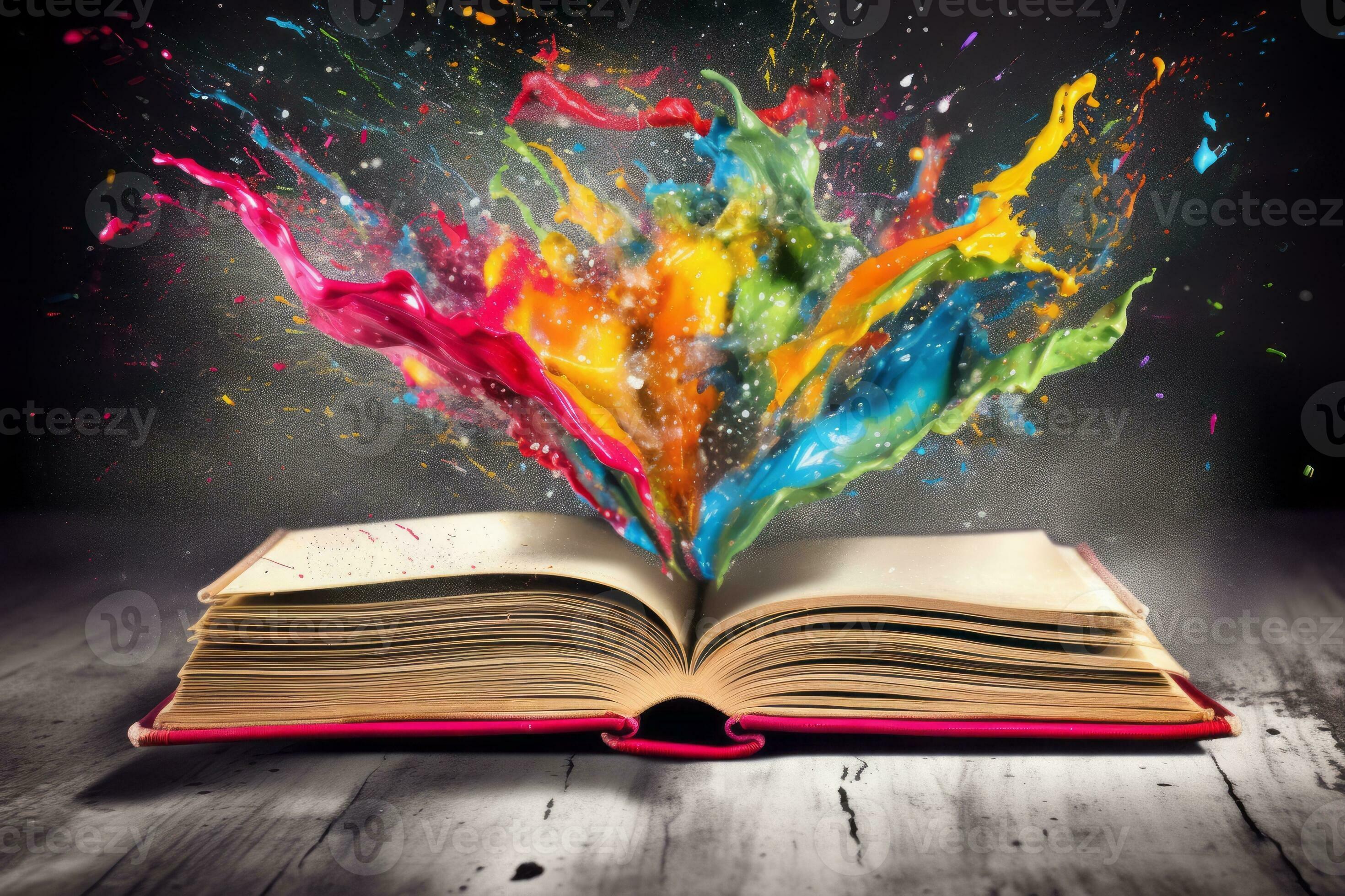 A open book floating with colorful paint splatters and brushstrokes surrounding it, creating a ...