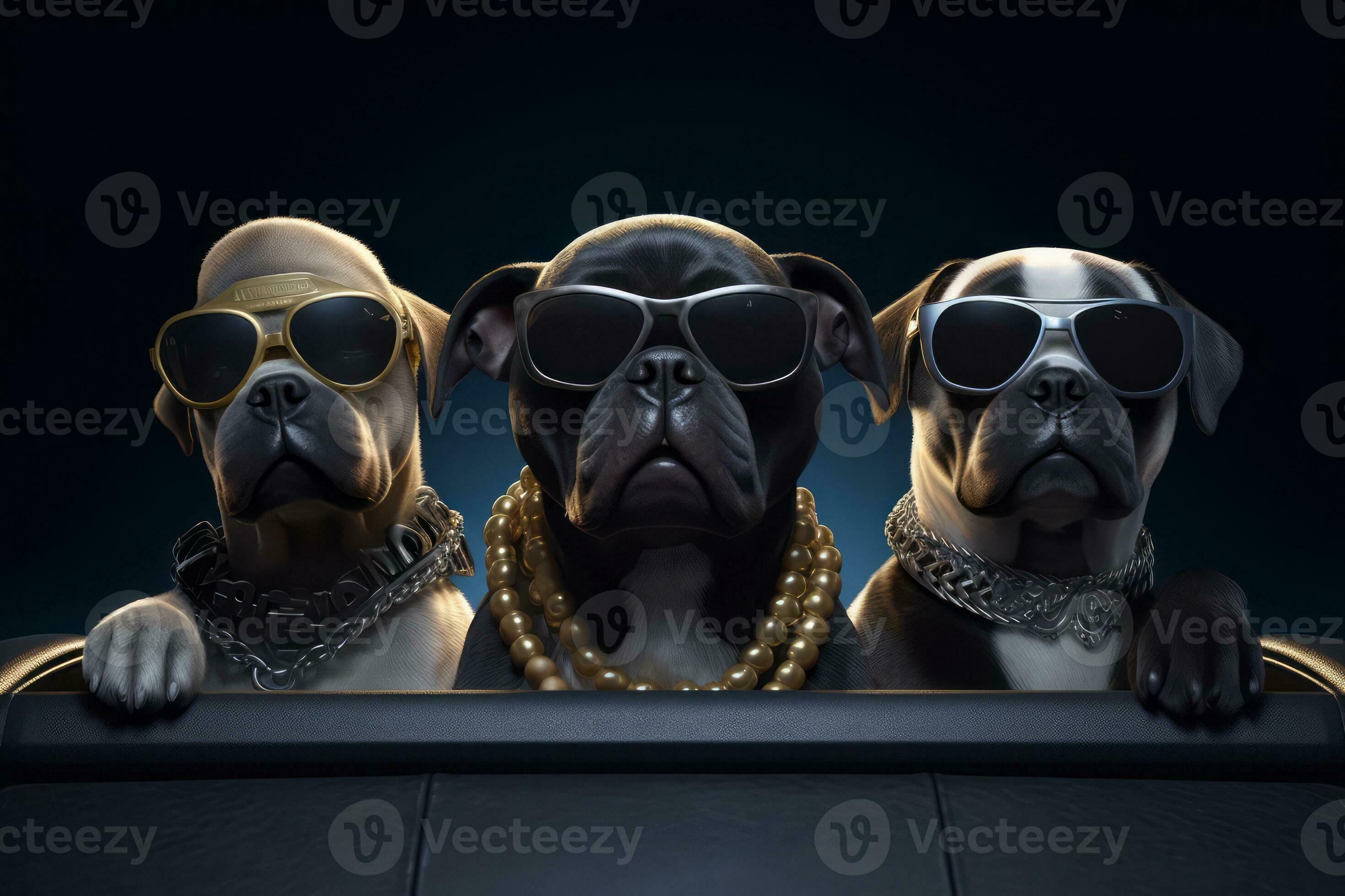 3d render of three gangsta dogs with sunglasses sitting on the back ...