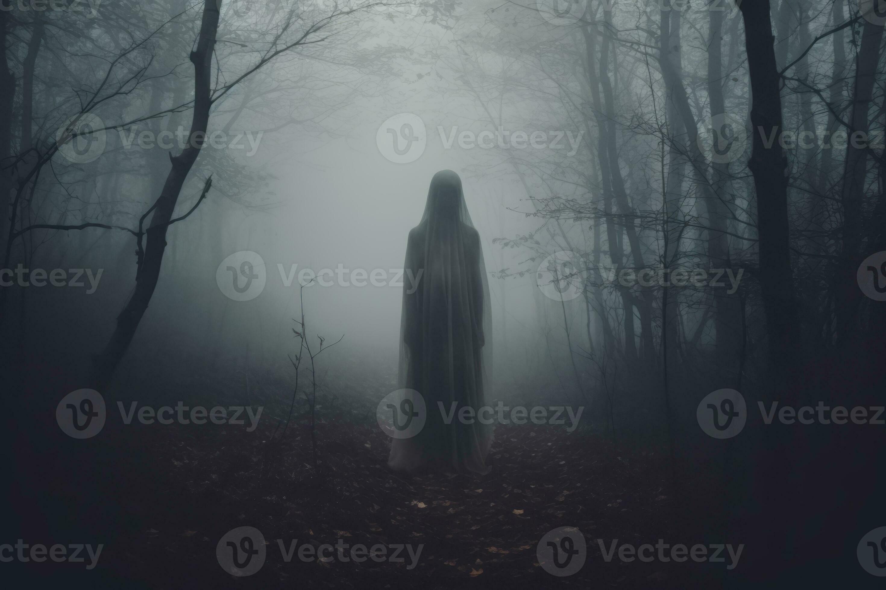 A haunting image of a ghostly figure emerging from the mist in a dense forest, evoking an eerie ...