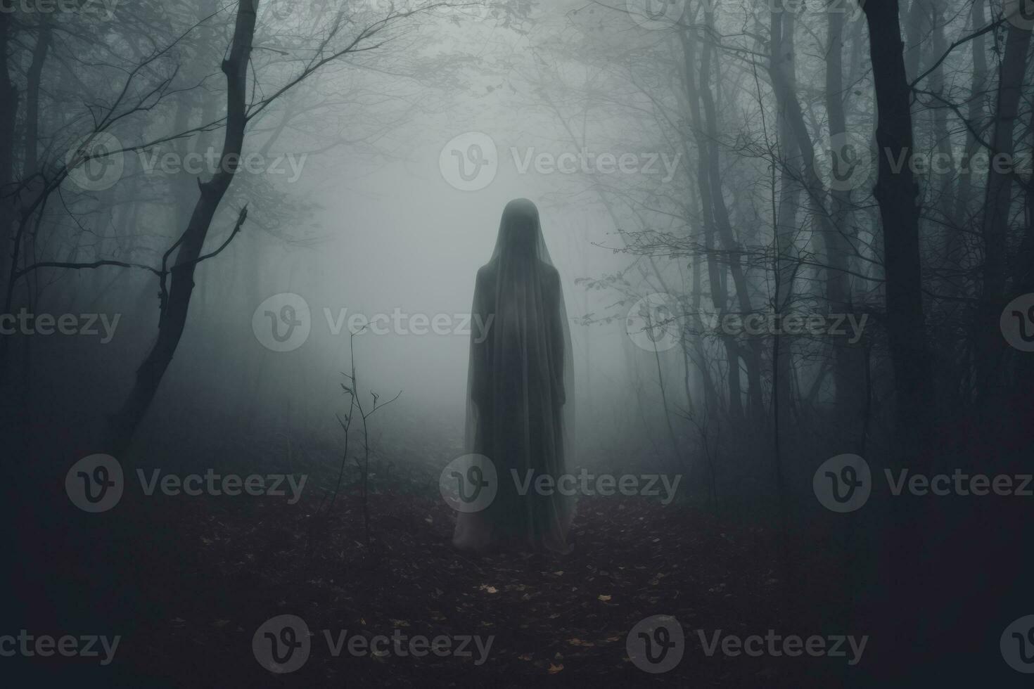 A haunting image of a ghostly figure emerging from the mist in a dense forest, evoking an eerie ...