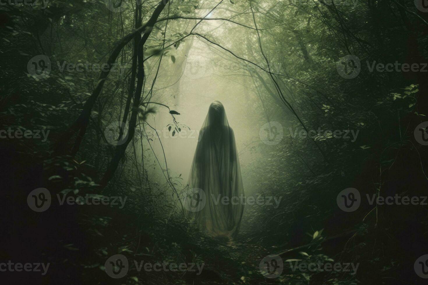 A haunting image of a ghostly figure emerging from the mist in a dense forest, evoking an eerie ...