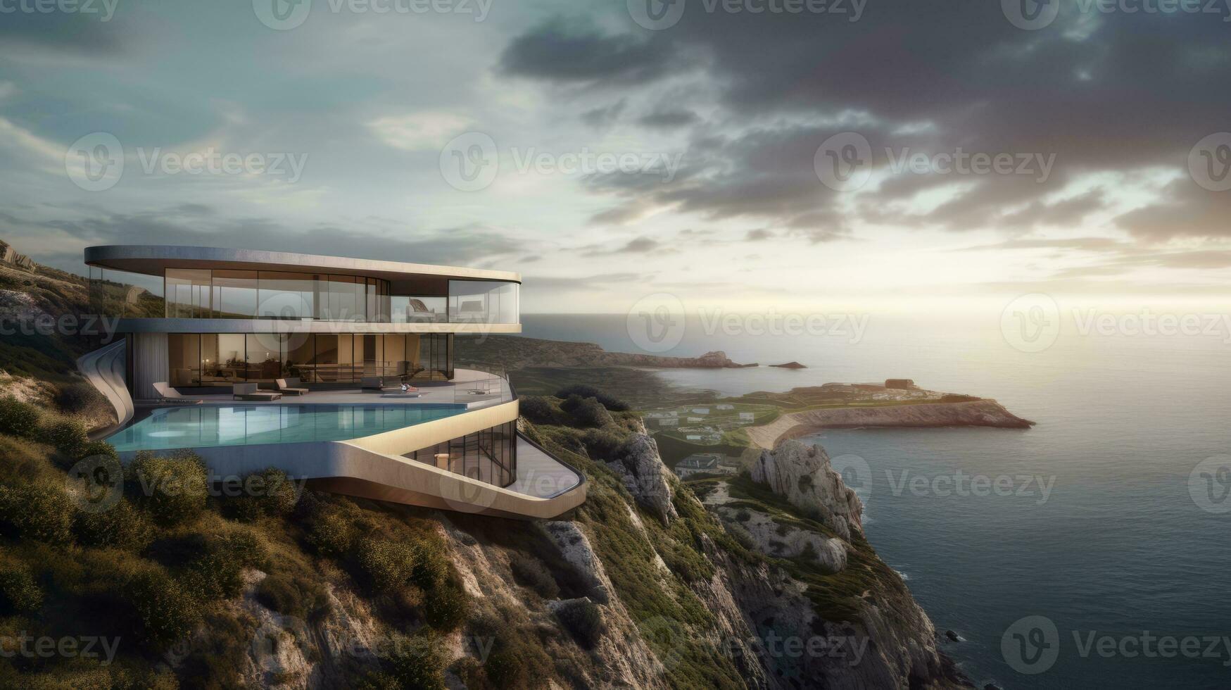 Modern minimalist villa perched on a cliff overlooking the ocean, with floor-to-ceiling windows ...