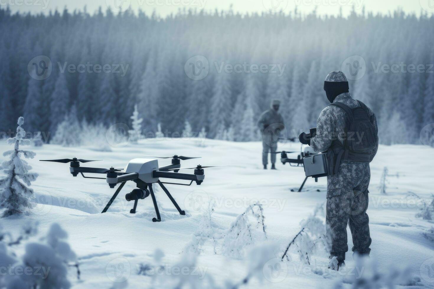 Military personnel operating drones for reconnaissance and surveillance in snowy terrain ...