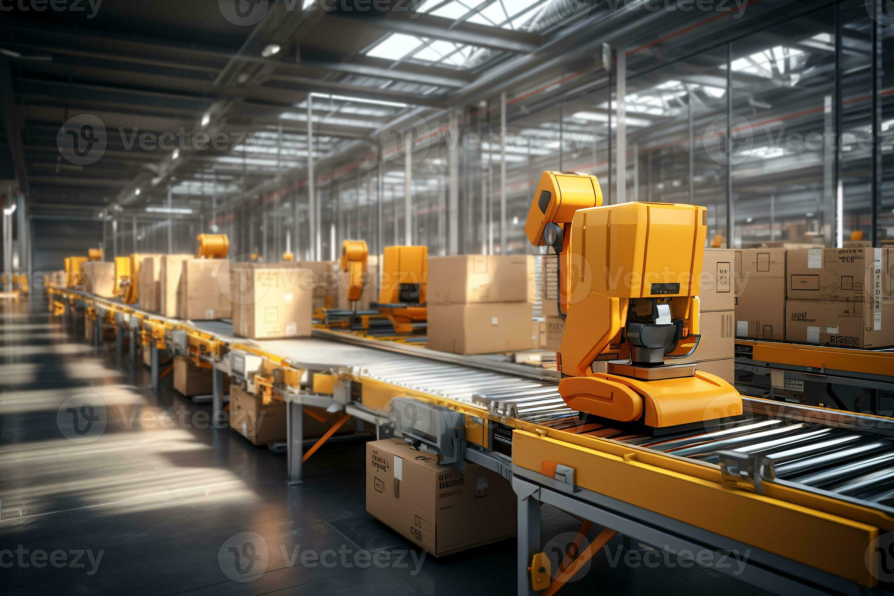 An interior view of a modern warehouse with robotic arms efficiently sorting and stacking ...