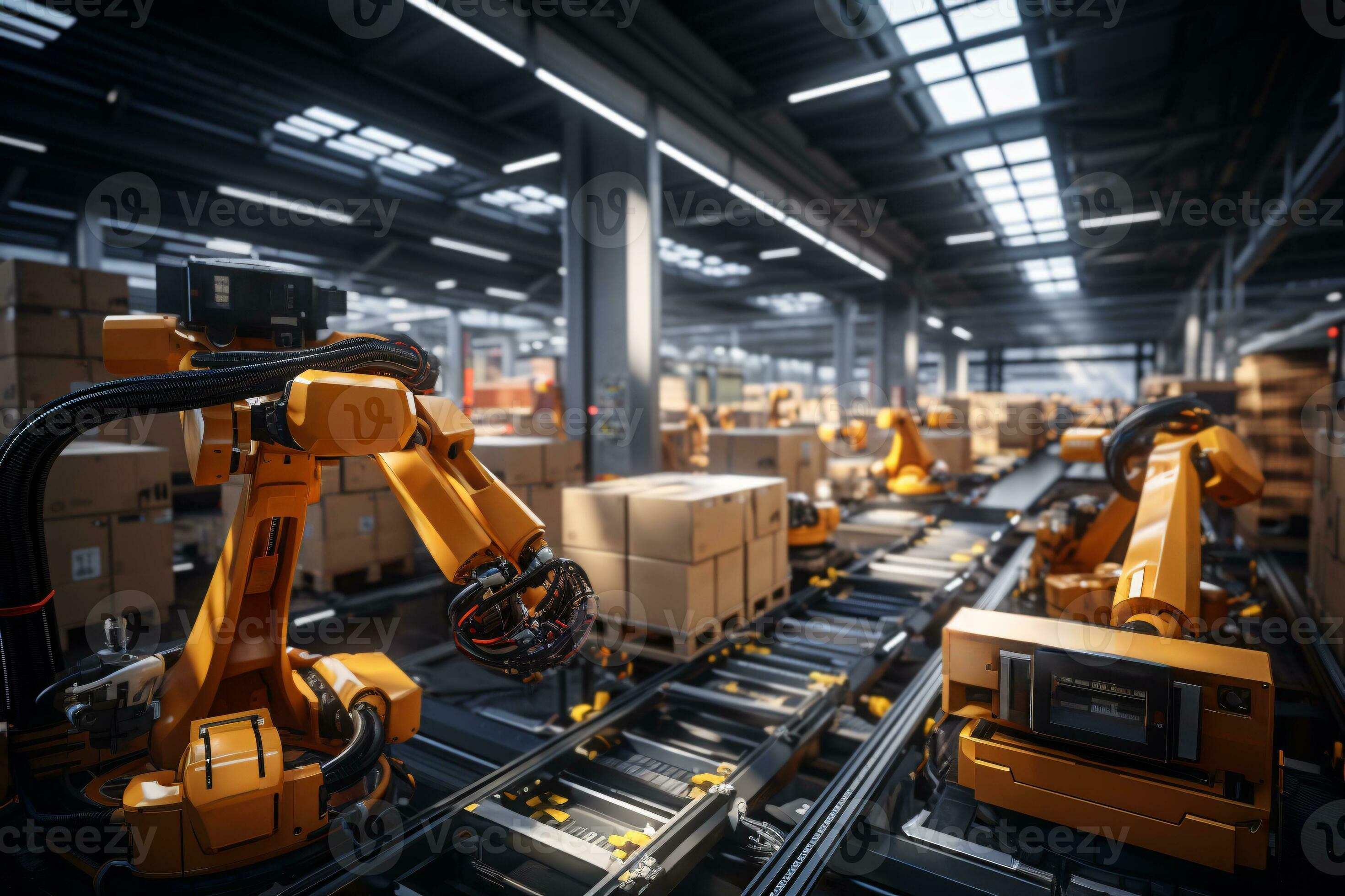 An interior view of a modern warehouse with robotic arms efficiently sorting and stacking ...
