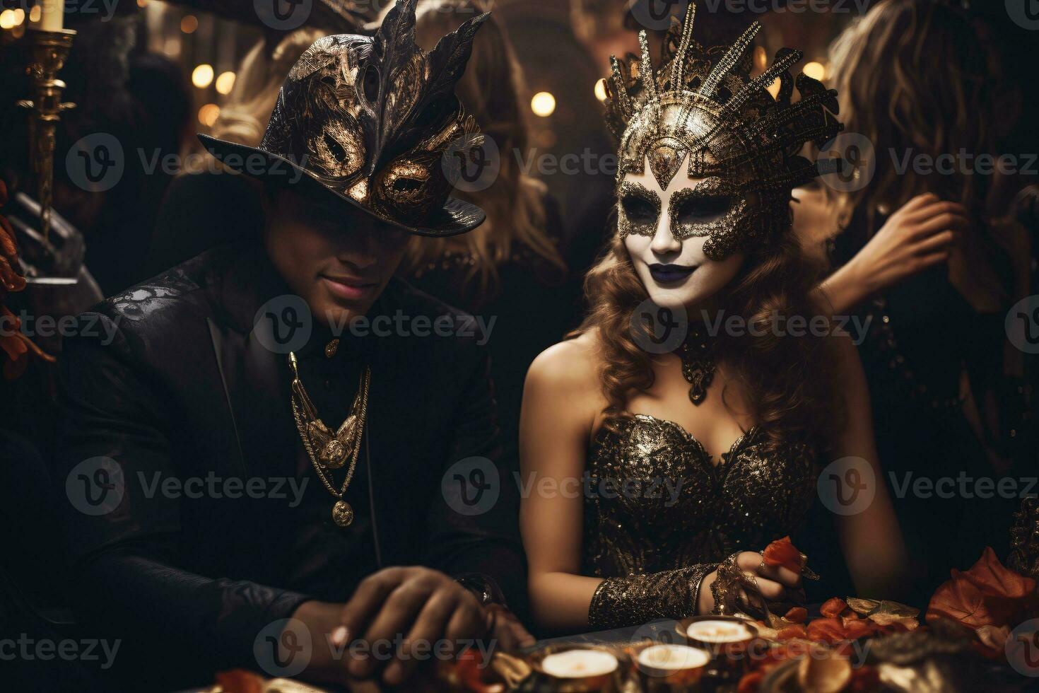 A lavish Halloween masquerade ball with guests wearing elaborate costumes and masks, showcasing ...