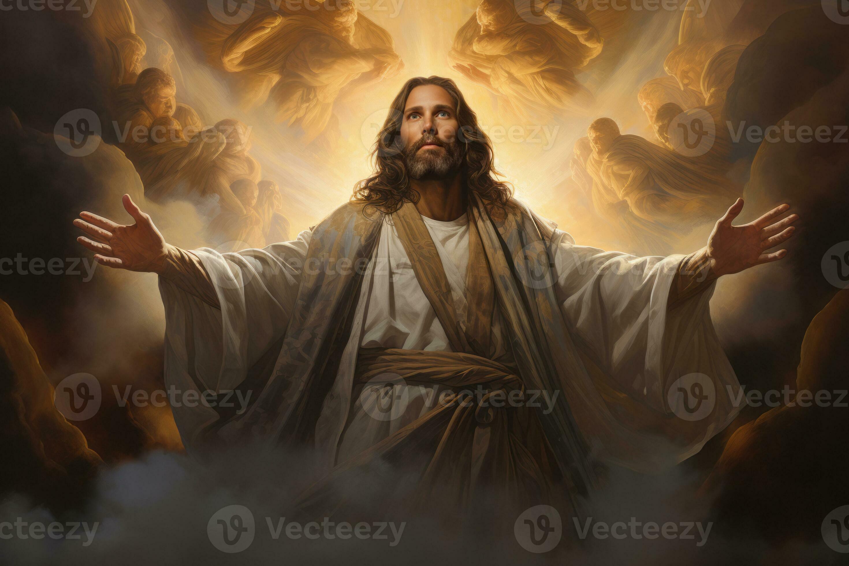 Abstract paint of Jesus Christ's figure rising from the tomb, surrounded by luminous clouds, as ...