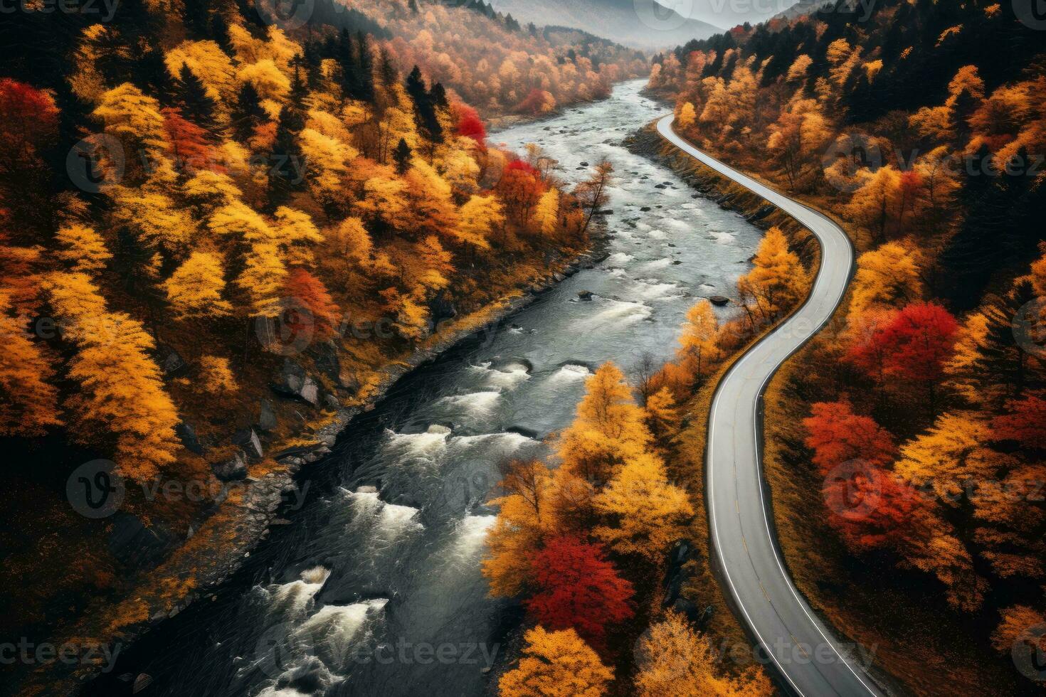 Aerial view of winding mountain road inside colorful autumn forest. Generative AI 30594028 Stock ...