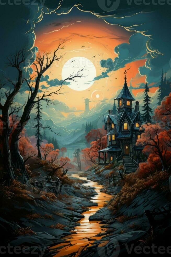Halloween poster, featuring a haunted house and eerie moonlit sky ...
