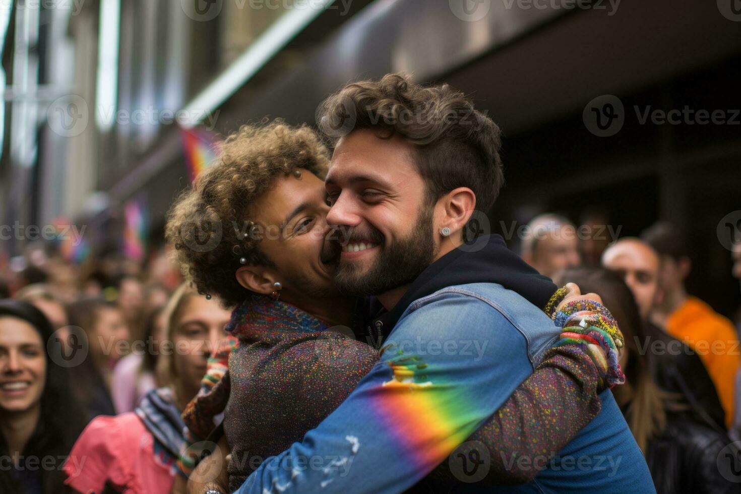 Gay couple embracing amongst a crowd of people. Generative Ai 30594600 ...