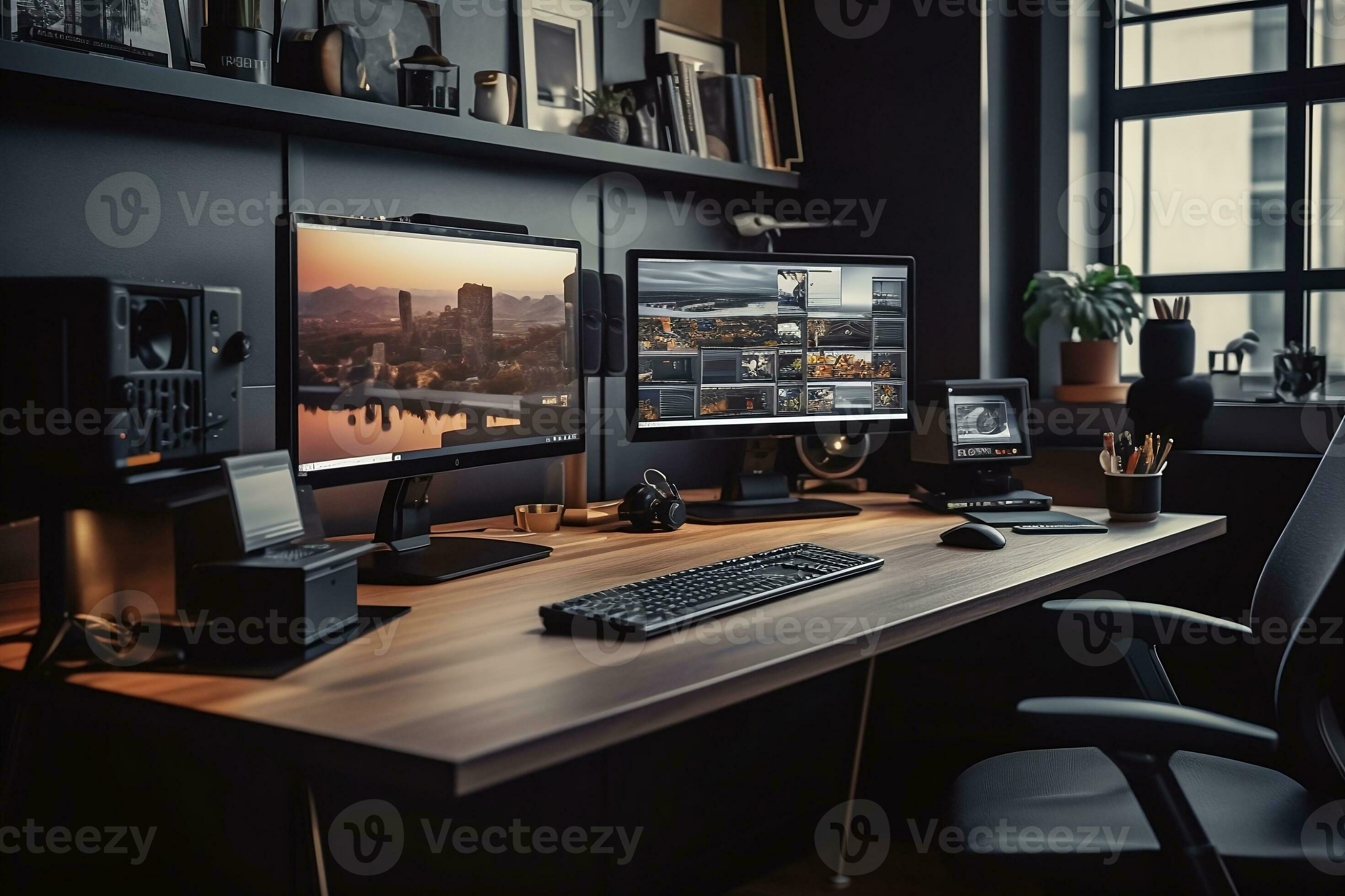a desk with two monitors and a keyboard. generative ai 30597243 Stock ...