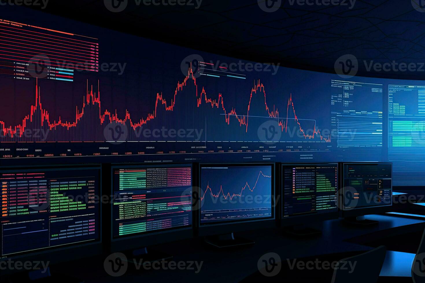a room with multiple computer screens and a screen showing stock market ...