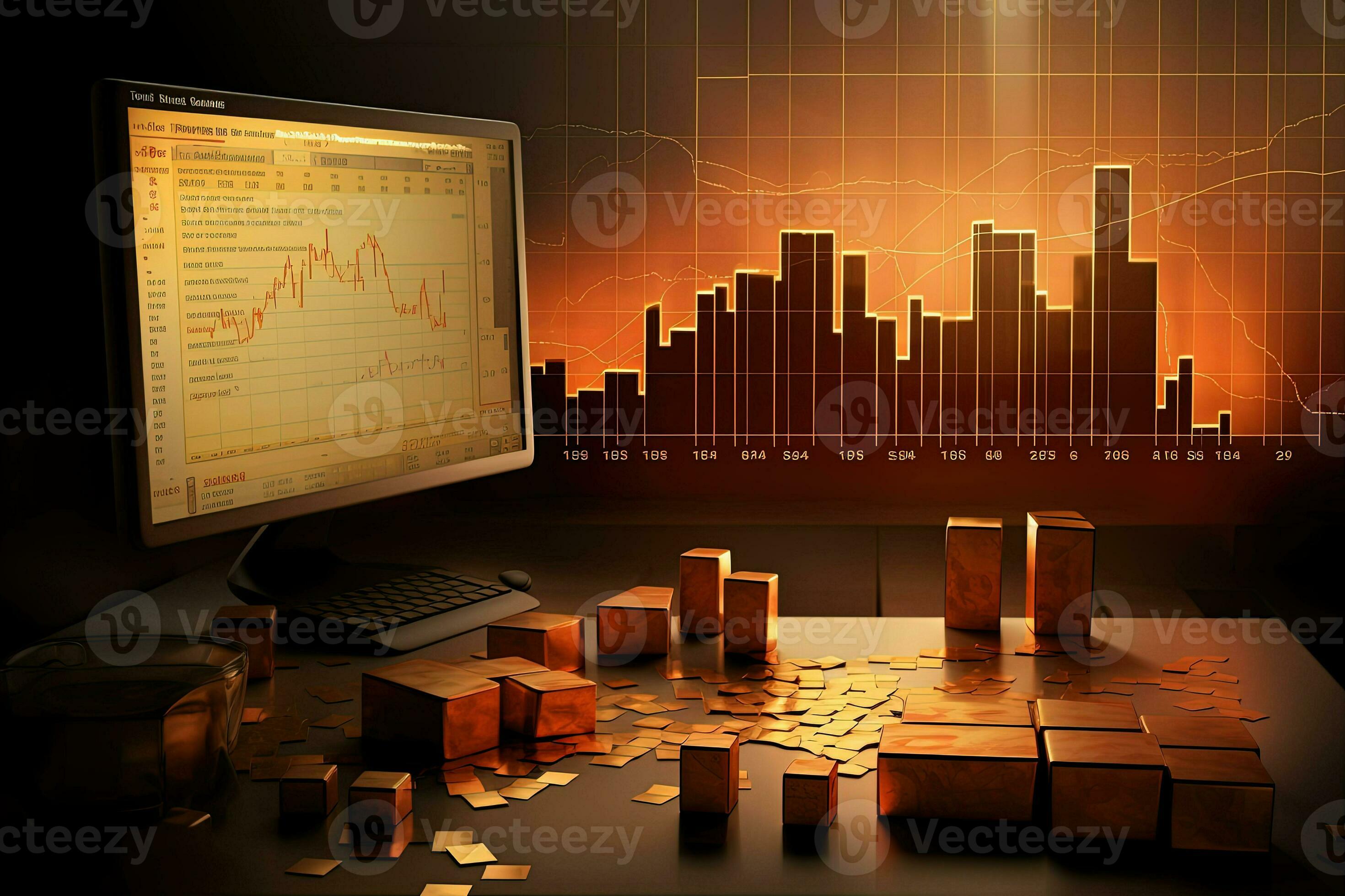 computer monitor and a gold bars and a chart on desk. Generative AI ...