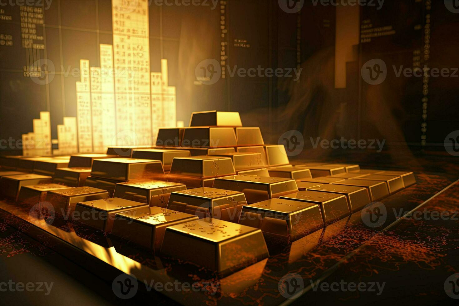 gold bars stacked on a table with a graph. Generative AI 30598792 Stock Photo at Vecteezy