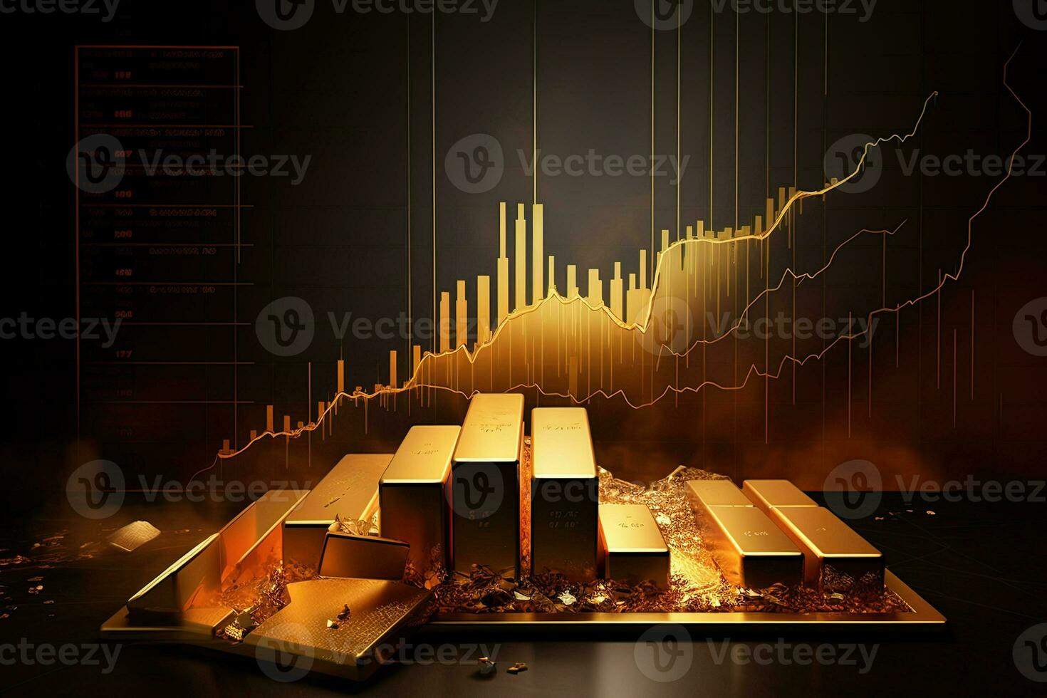 gold bars on a table with a graph and a bar chart. Generative AI 30598793 Stock Photo at Vecteezy