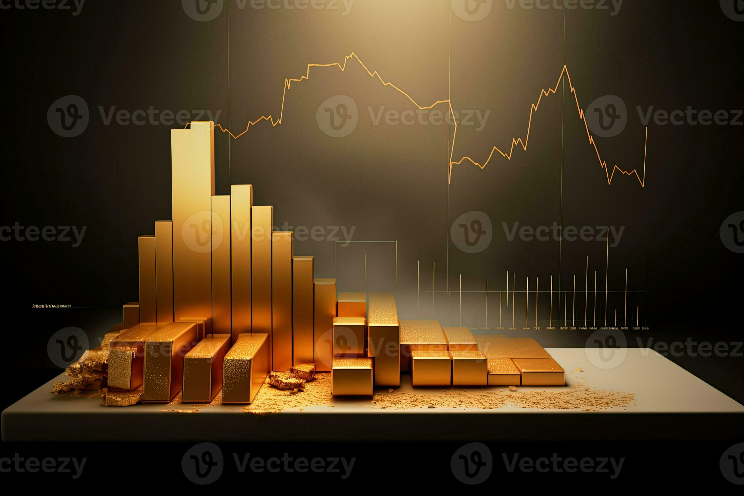 gold bars stacked on a table with an upward graph. Generative AI ...