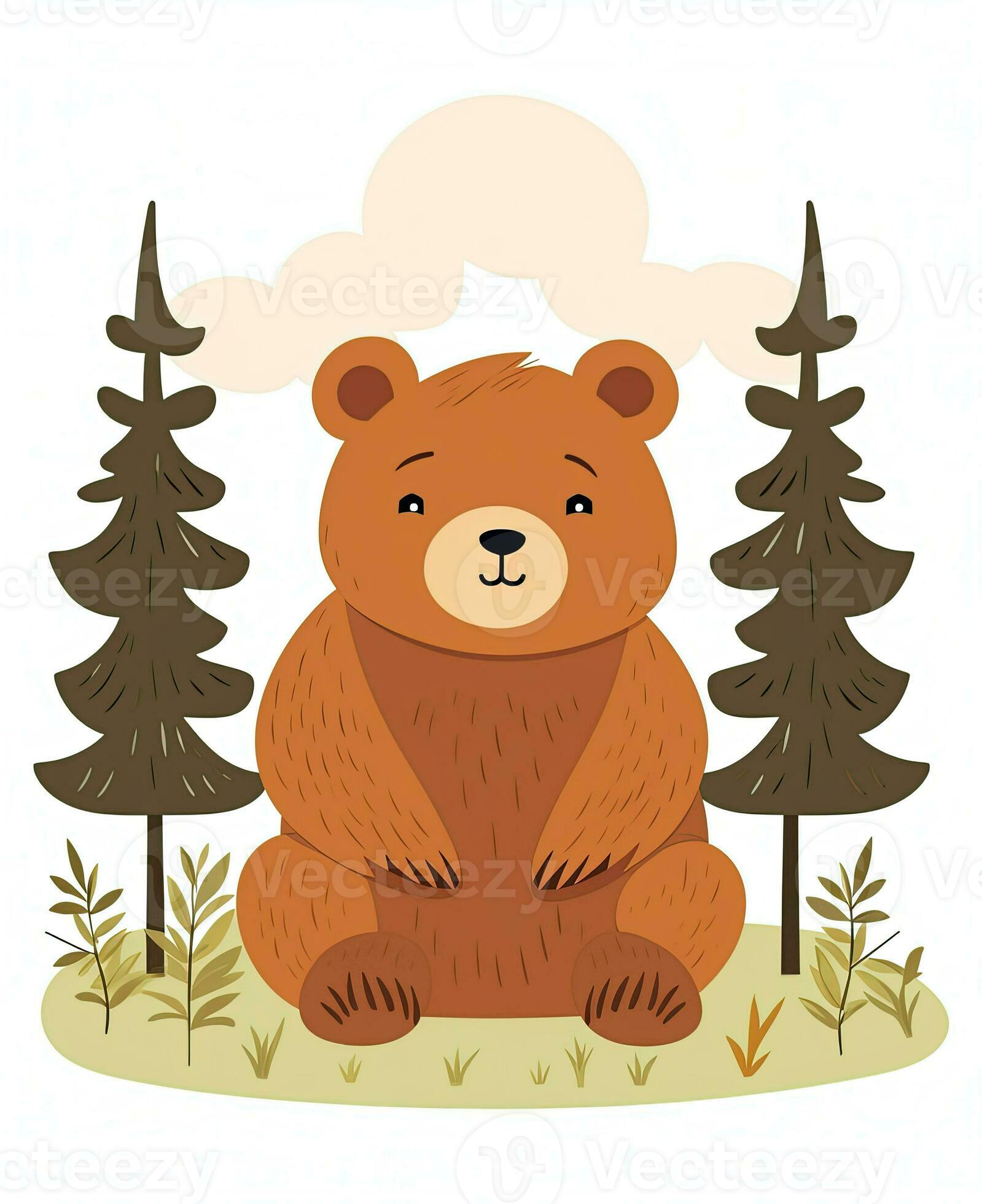 a cartoon bear sitting in the woods with trees. Generative AI 30599437 ...