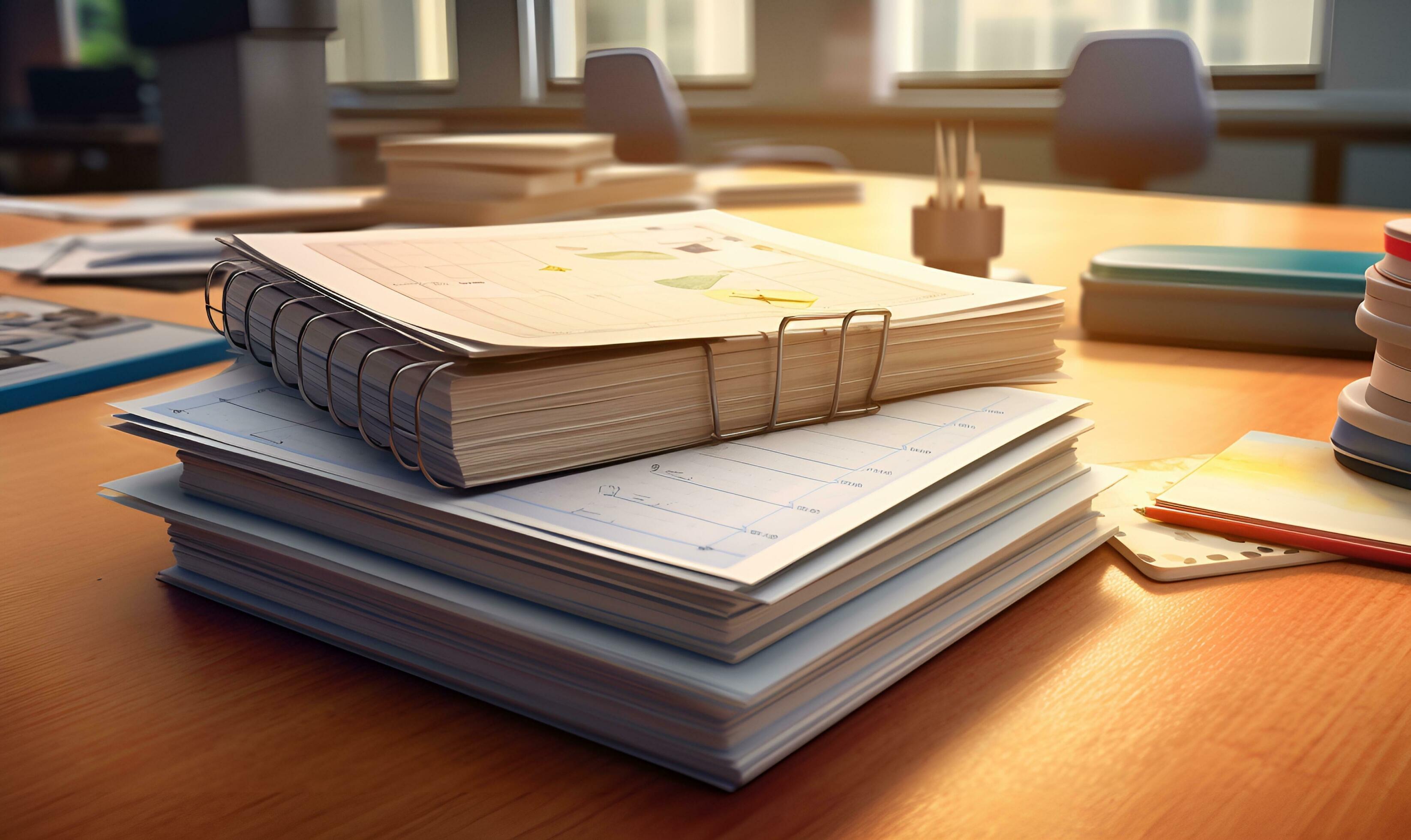 pile of assignment files on the table, ai generative 30602575 Stock ...