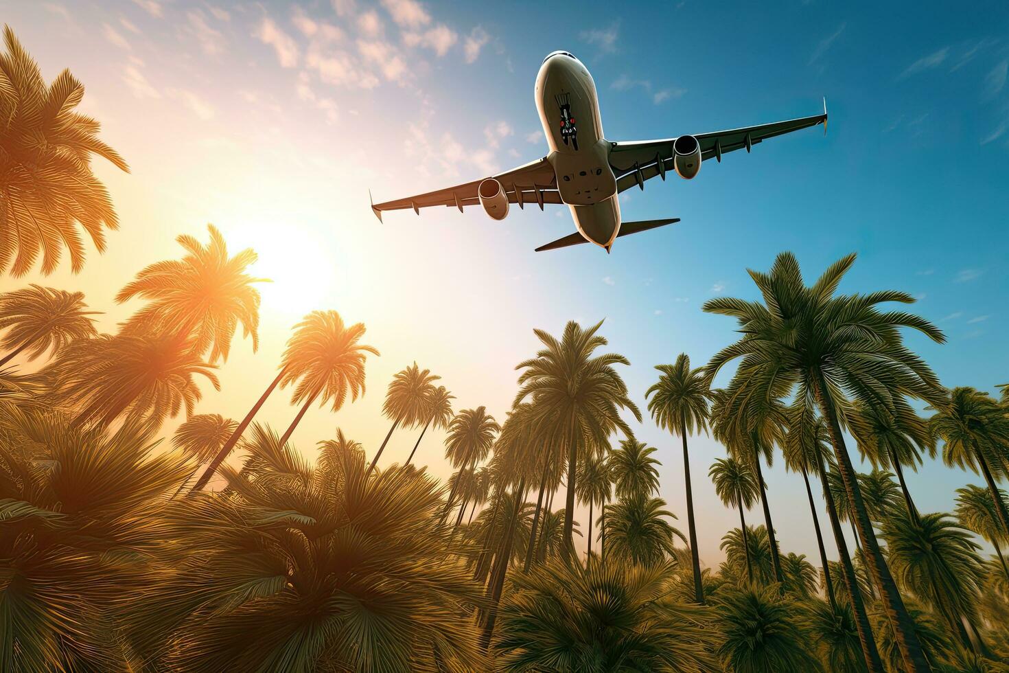 Airplane flying above palm trees in clear sunset sky , Generative AI ... Airplane flying above palm trees in clear sunset sky , Generative AI ...