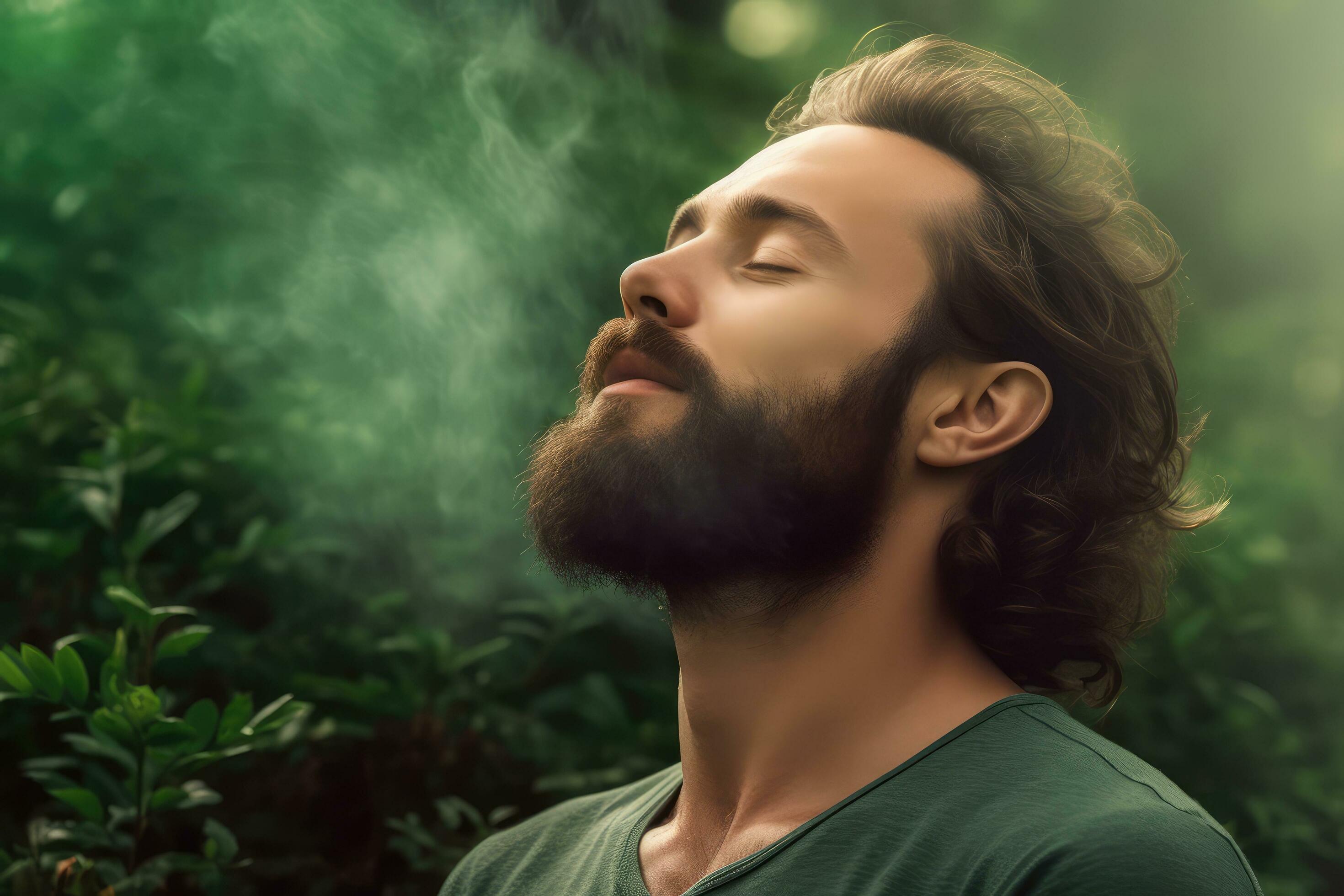A man relaxed breathing fresh air in a green forest at natural ,Generative AI. 30604631 Stock ...