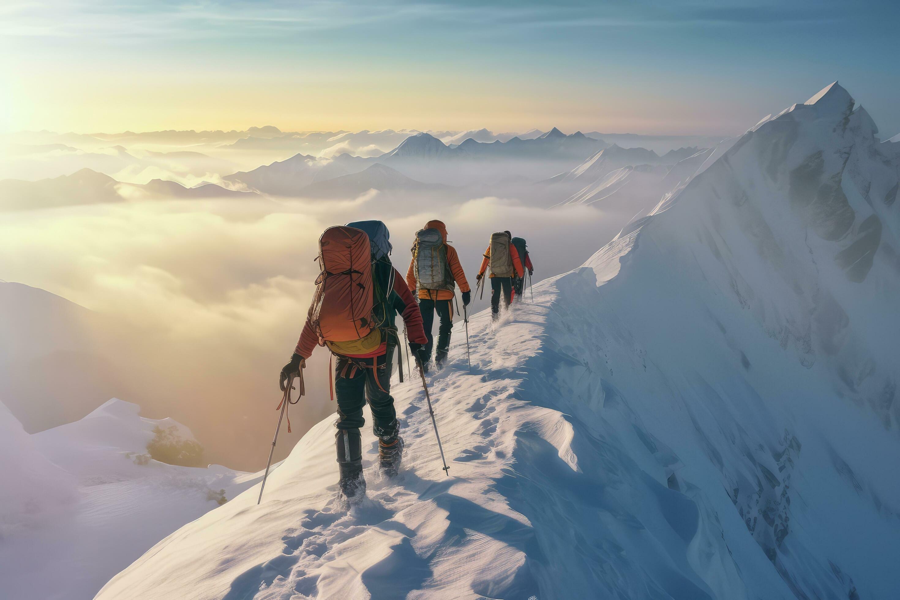 A group of climbers climb the mountains in winter ,Generative AI ...