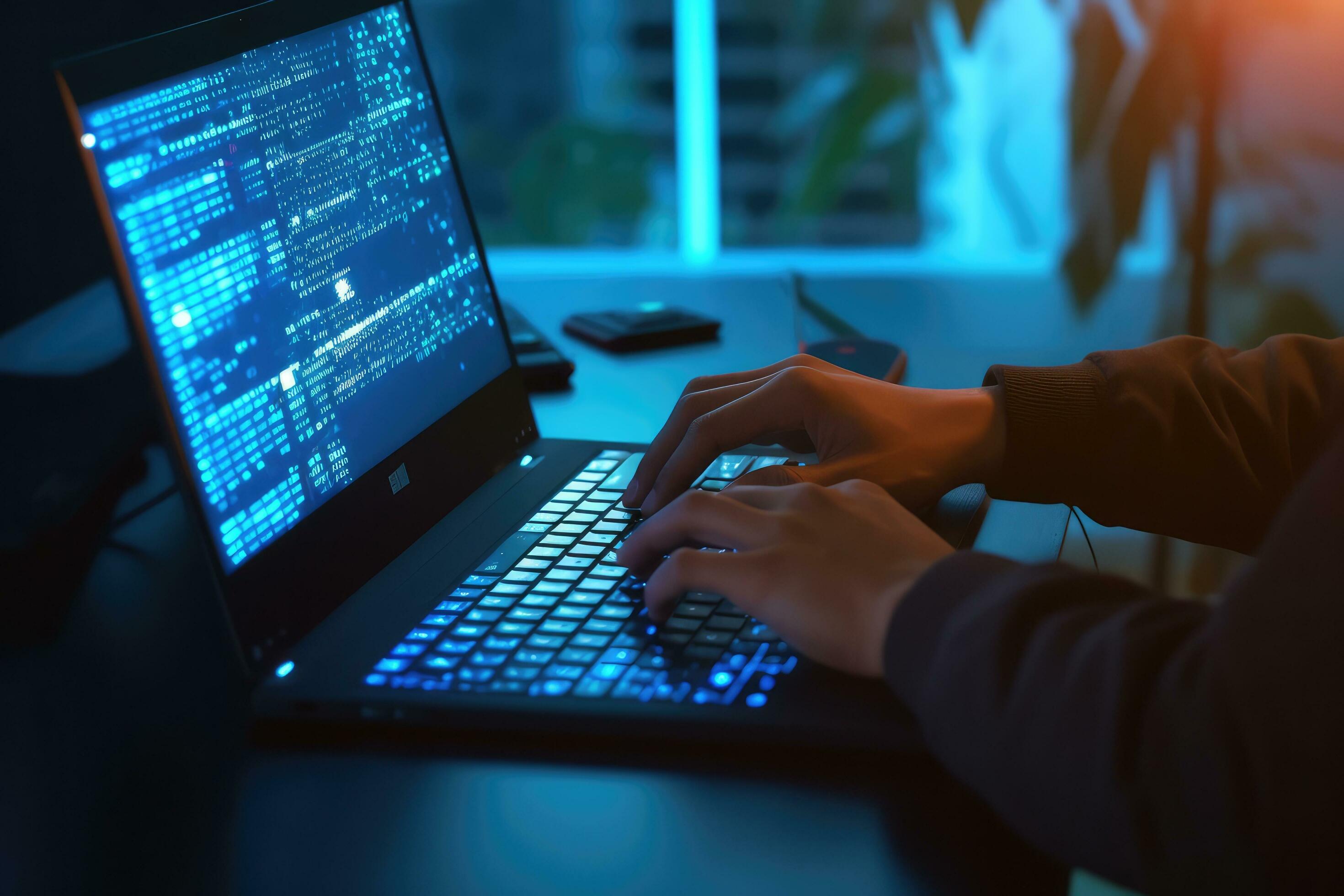 Close up hand programmer working on their professional development types on a laptop computer ...