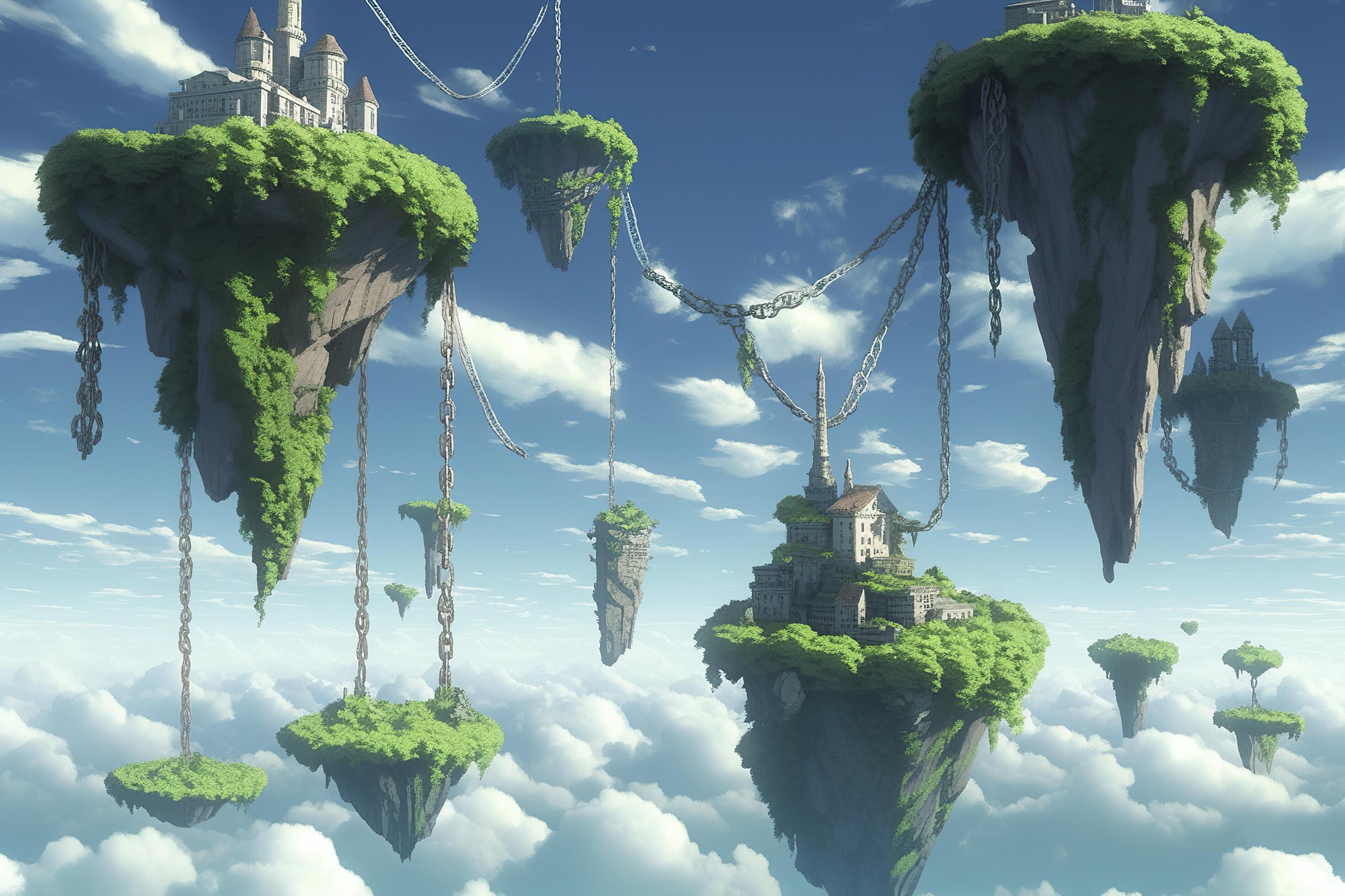 A series of islands floating in the sky connected by vines and giant chains. AI Generative ...
