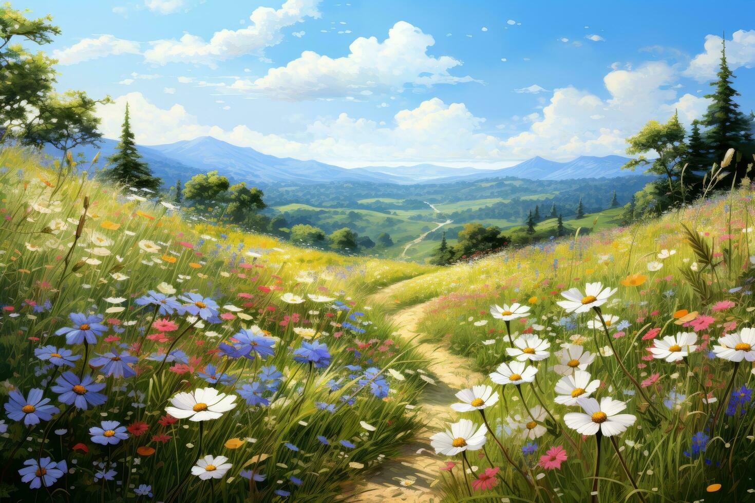 Landscape of meadow with wildflowers and mountains in background ...