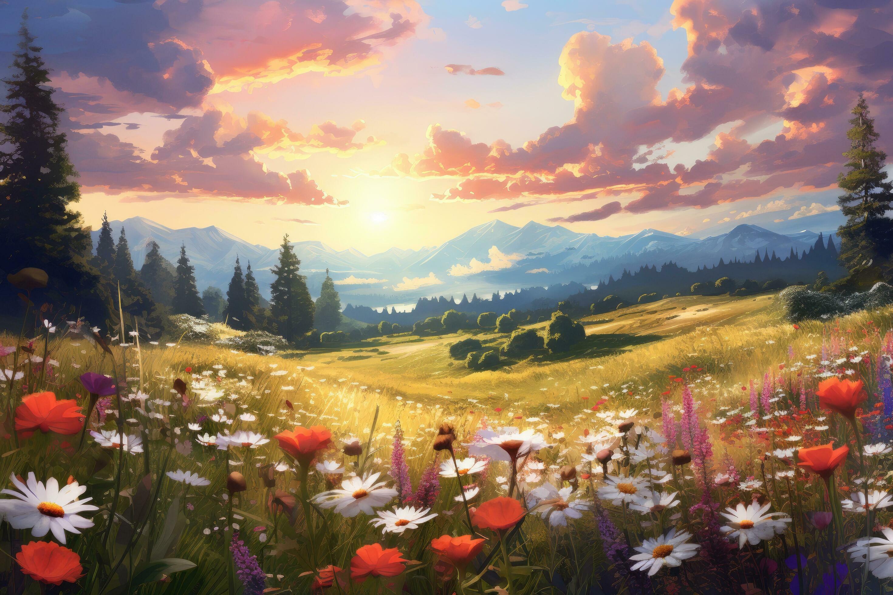 Beautiful summer landscape with wild flowers and mountains. Digital painting. beautiful digital ...
