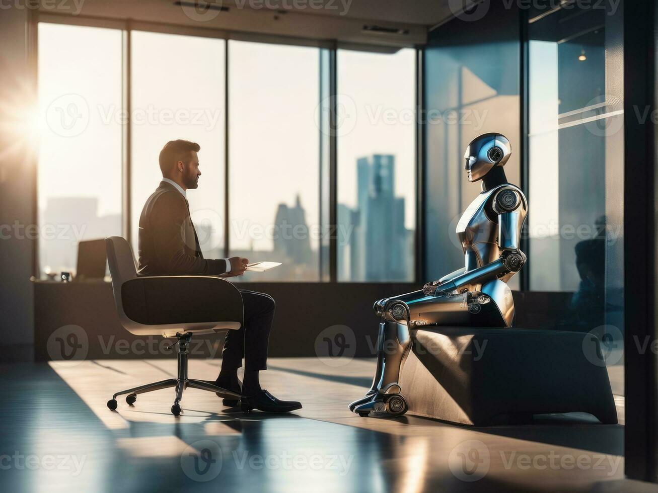 AI robot waiting for a job interview. Modern technologies, robot versus human AI Generated ...