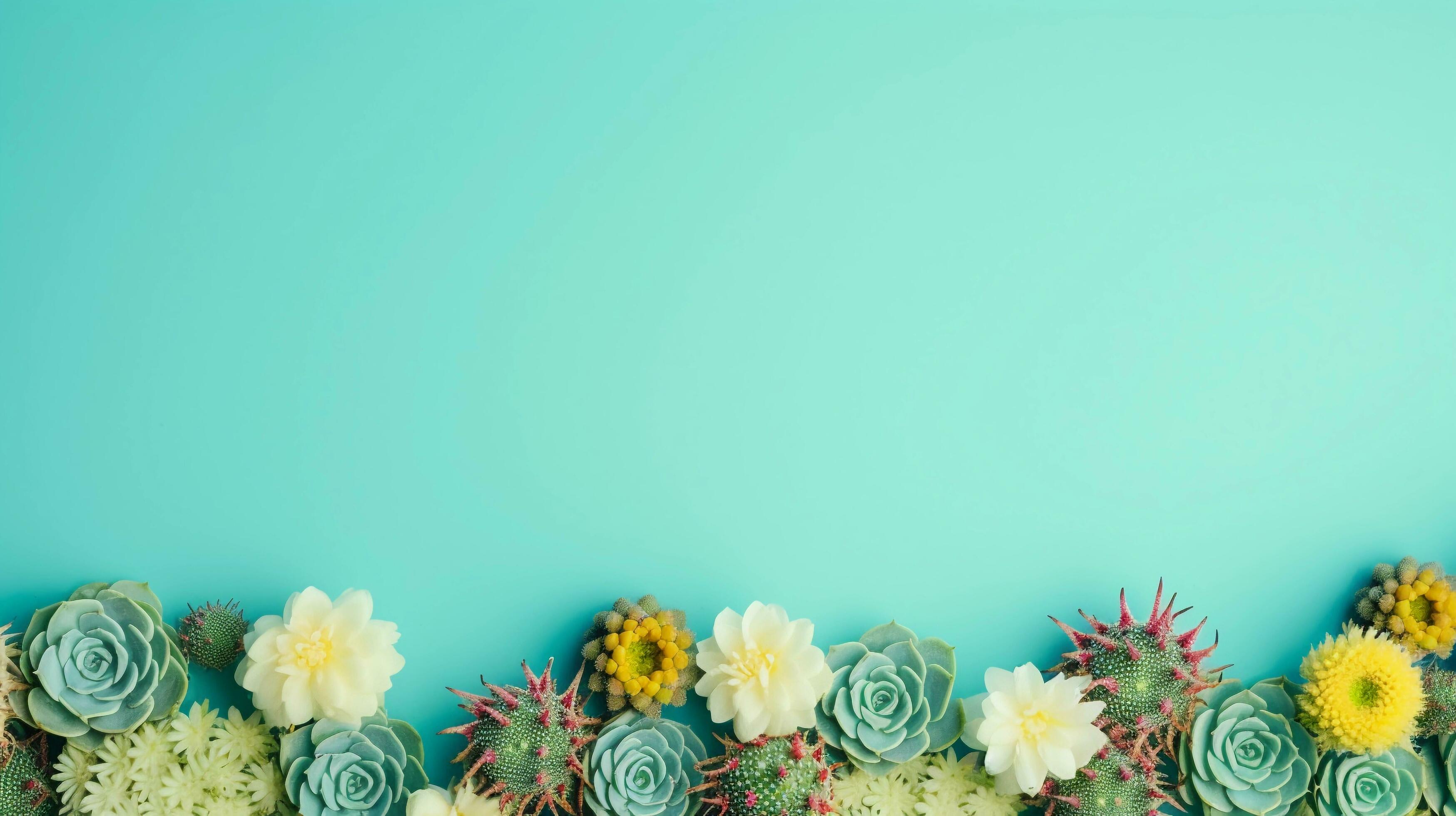 Beautiful cactus flowers pattern on soft green background, AI generated ...