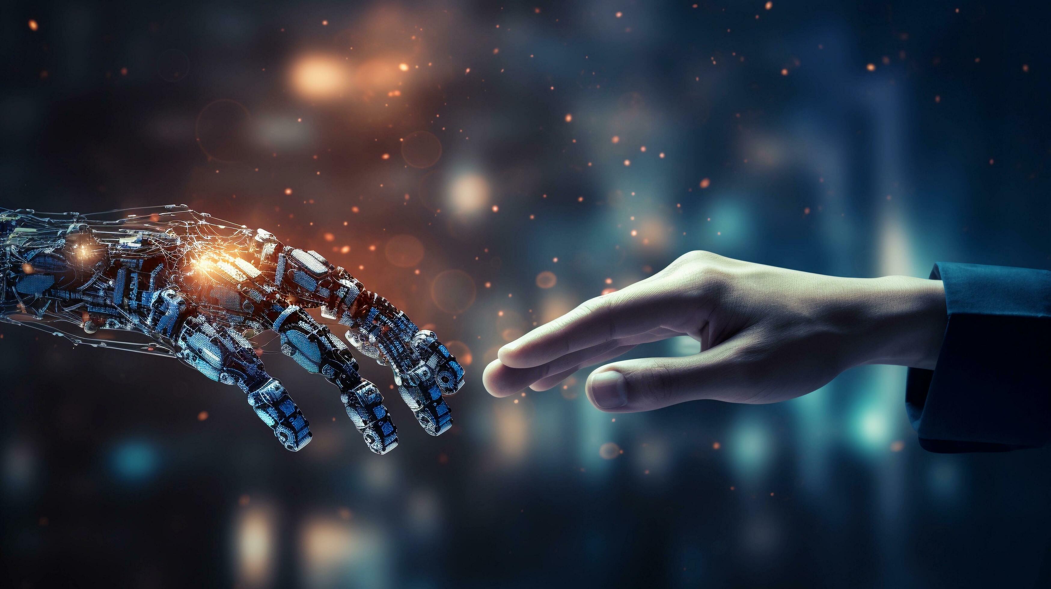 Machine learning, Hands of robot and human touching on big data network connection background ...