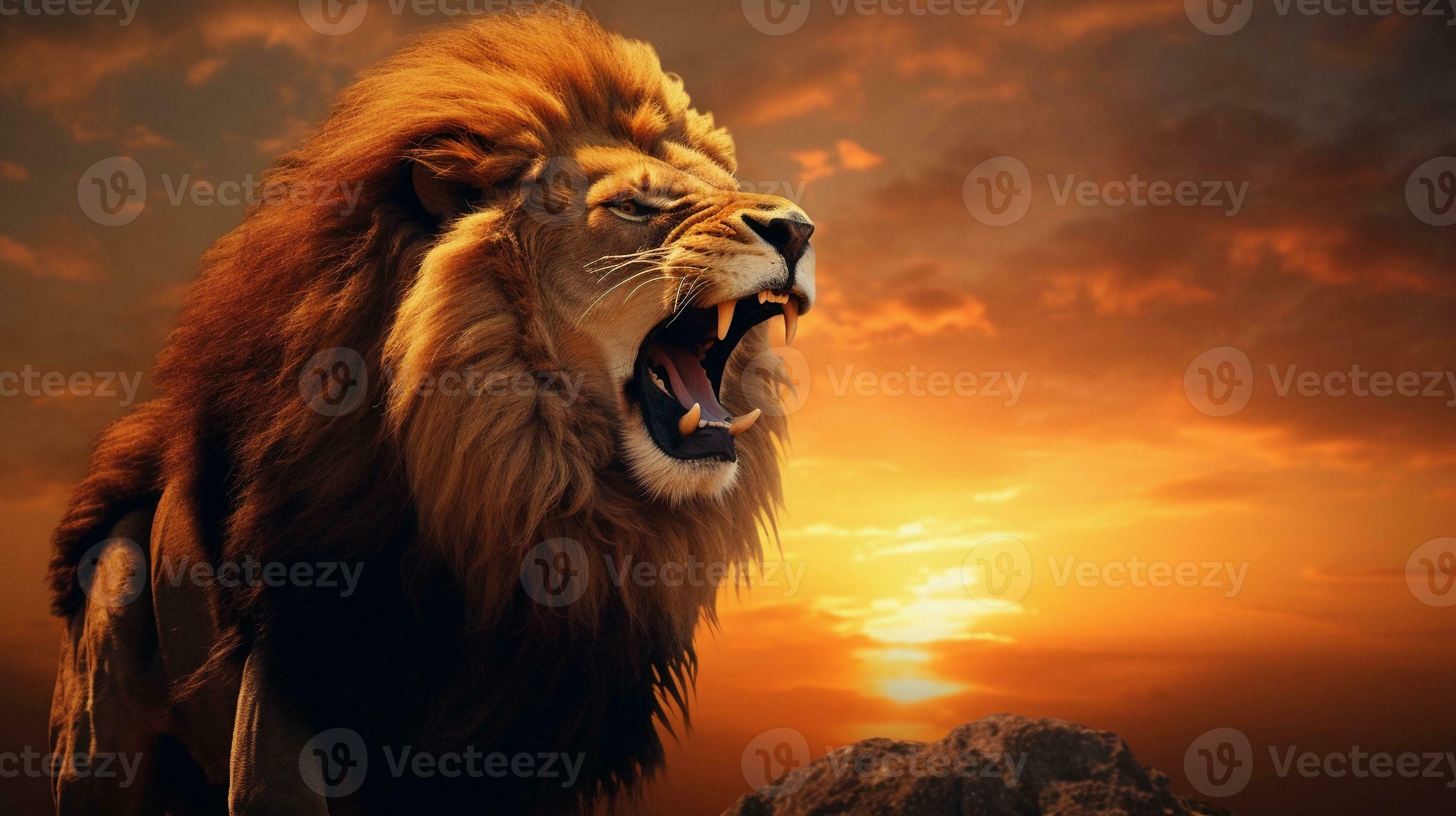 A lion roaring against a golden-hued sunset, combining power and natural beauty, offering space ...