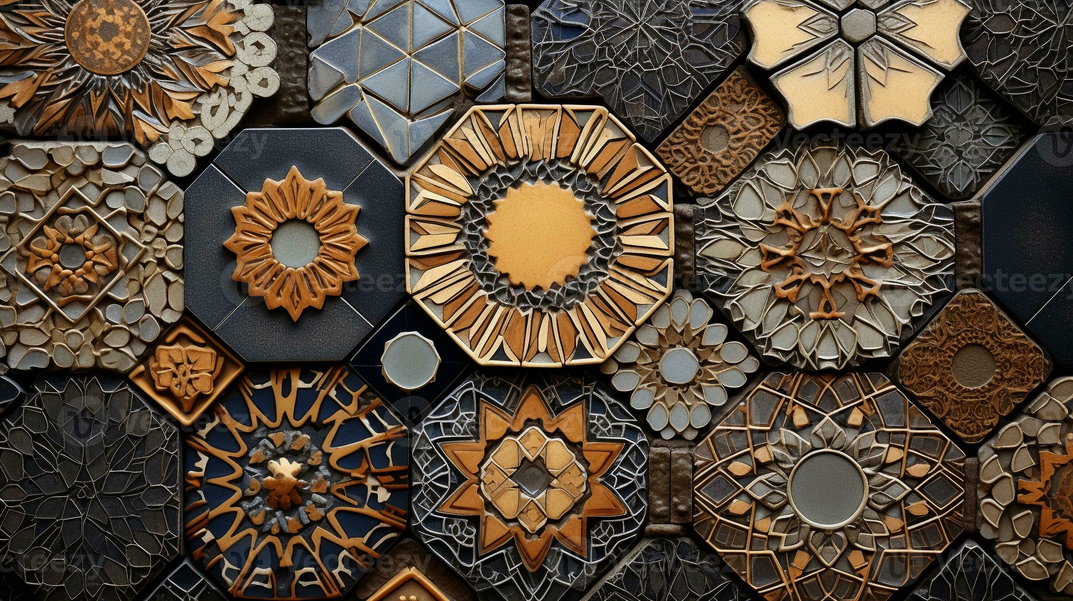 A detailed capture of a mosaic tile wall, displaying the intricate ...