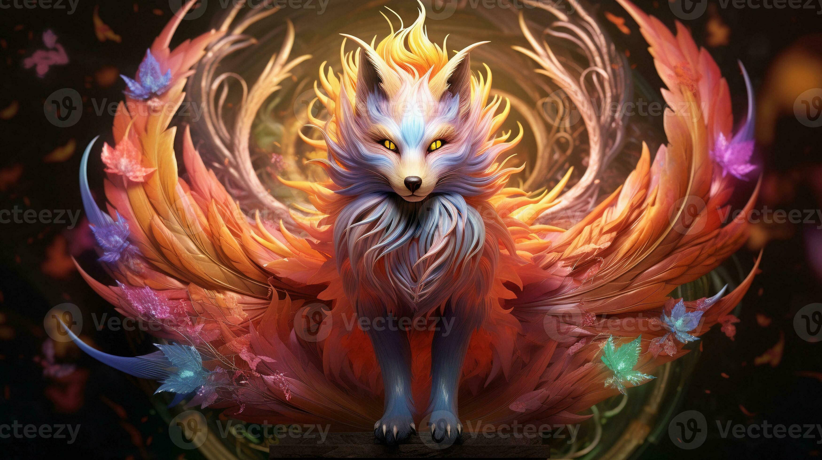 An Image Showcasing A Mythical Nine Tailed Fox In Asian Folklore With Each Tail Adorned In
